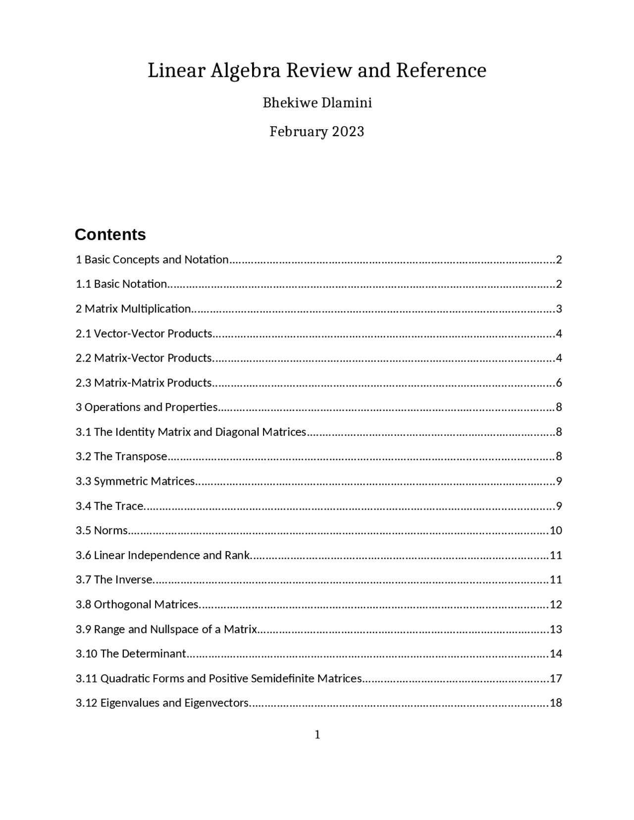 Linear Algebra Review And Reference Contains Lecture Notes On Algebraic