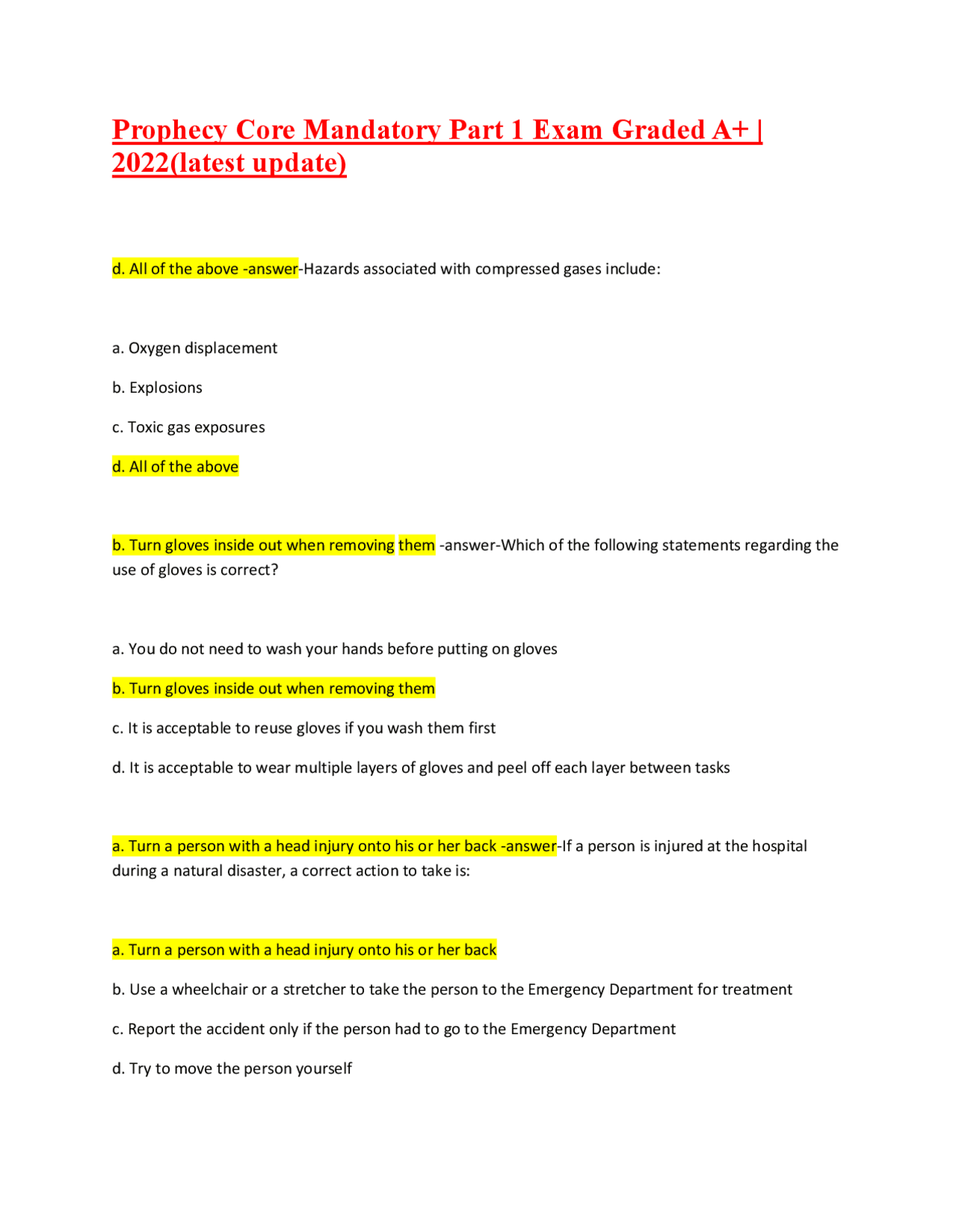 Prophecycoremandatorypart1examgradeda Exams Nursing Docsity