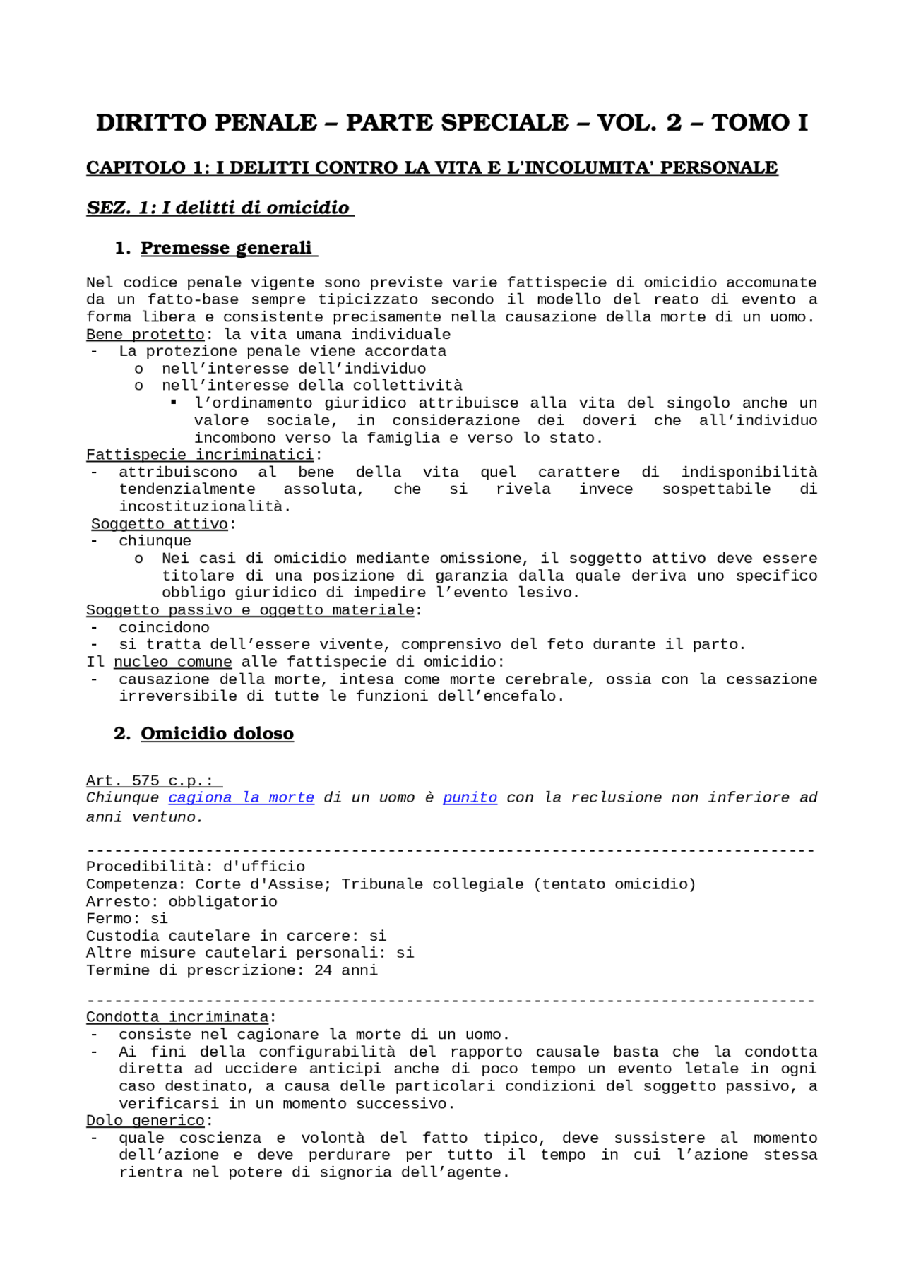 DIRITTO PENALE – PARTE SPECIALE – VOL. 2 – TOMO I | Dispense di Diritto Penale | Docsity