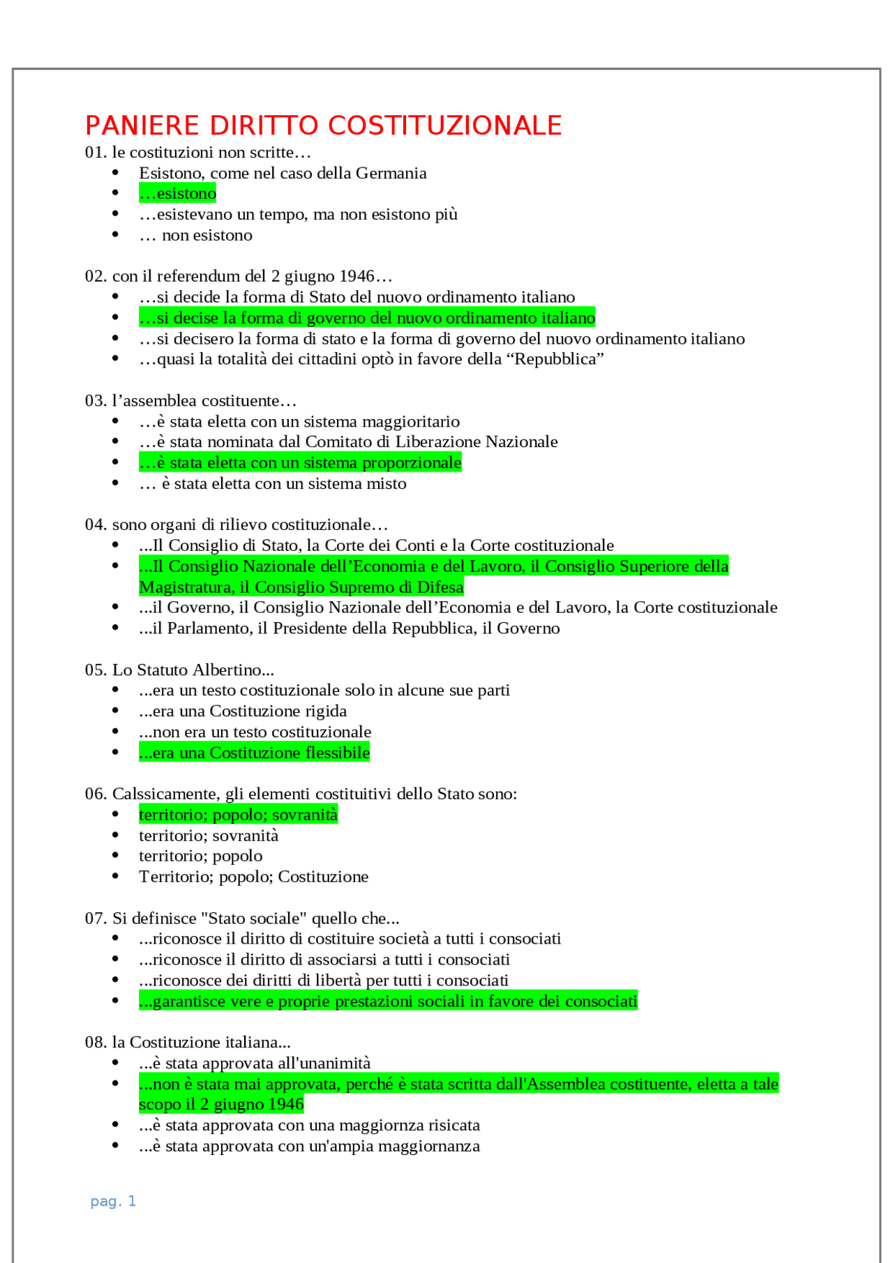 Paniere Diritto Costituzionale Con Domande Aperte Profpodetta