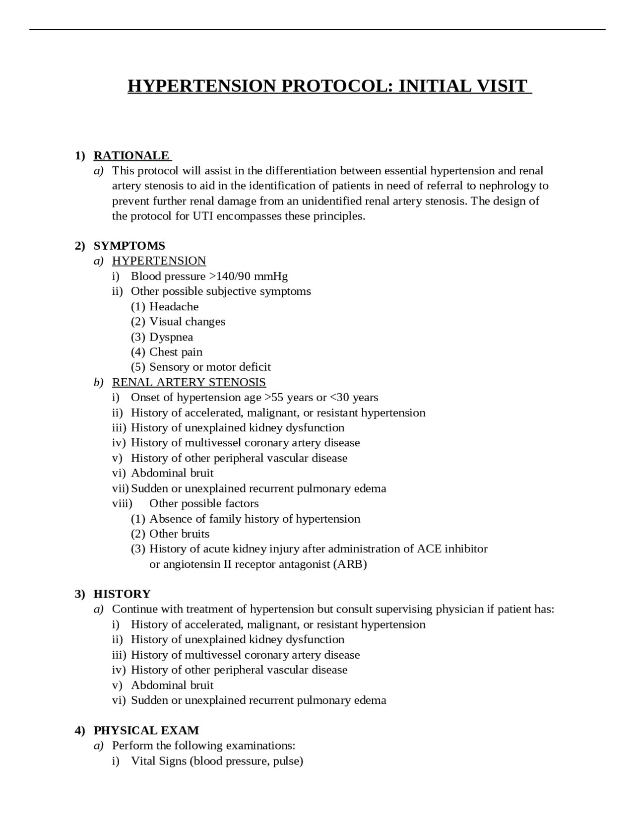 HYPERTENSION PROTOCOL: INITIAL VISIT | Exams Biology | Docsity