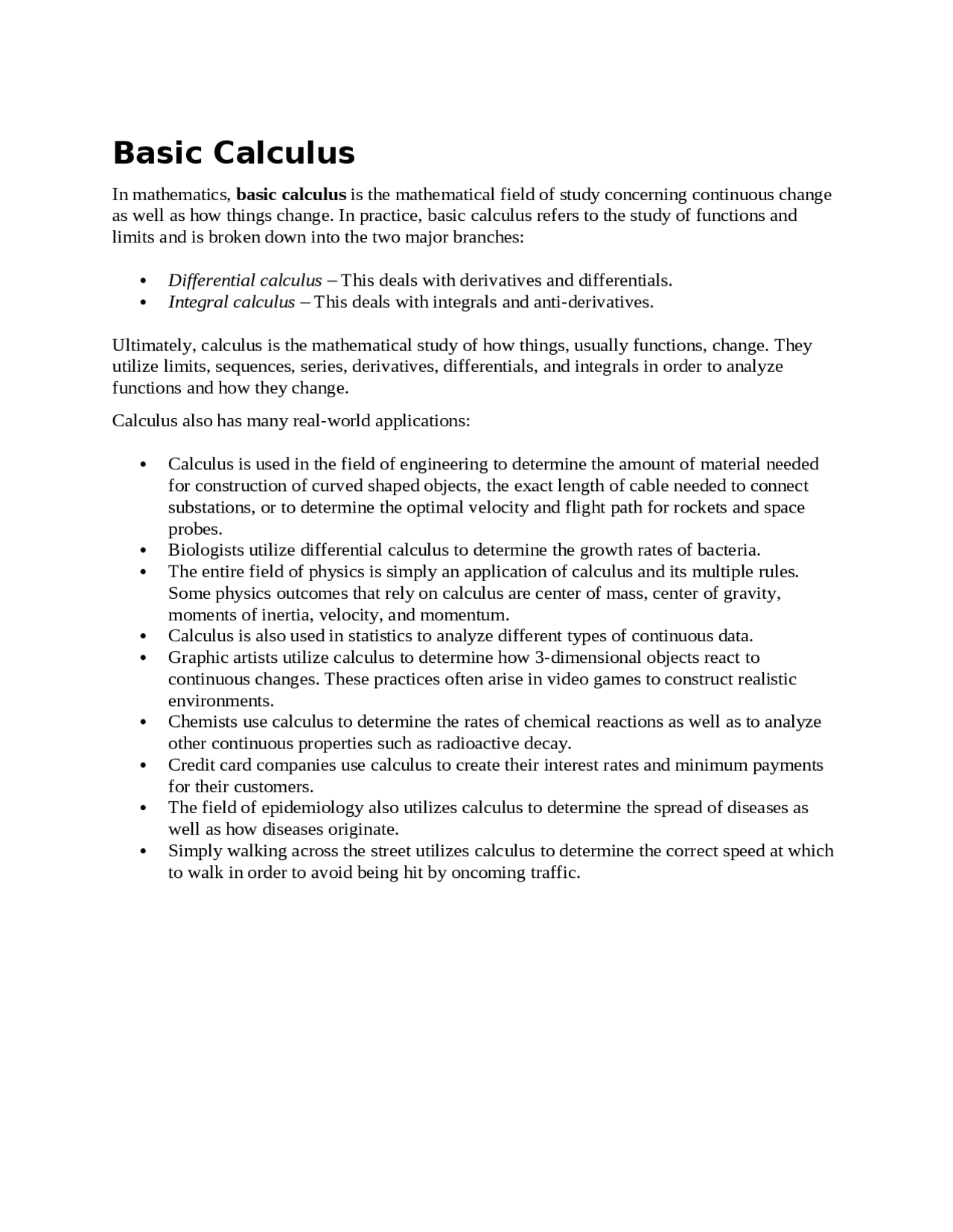 Basic calculus Summary | Summaries Mathematics | Docsity