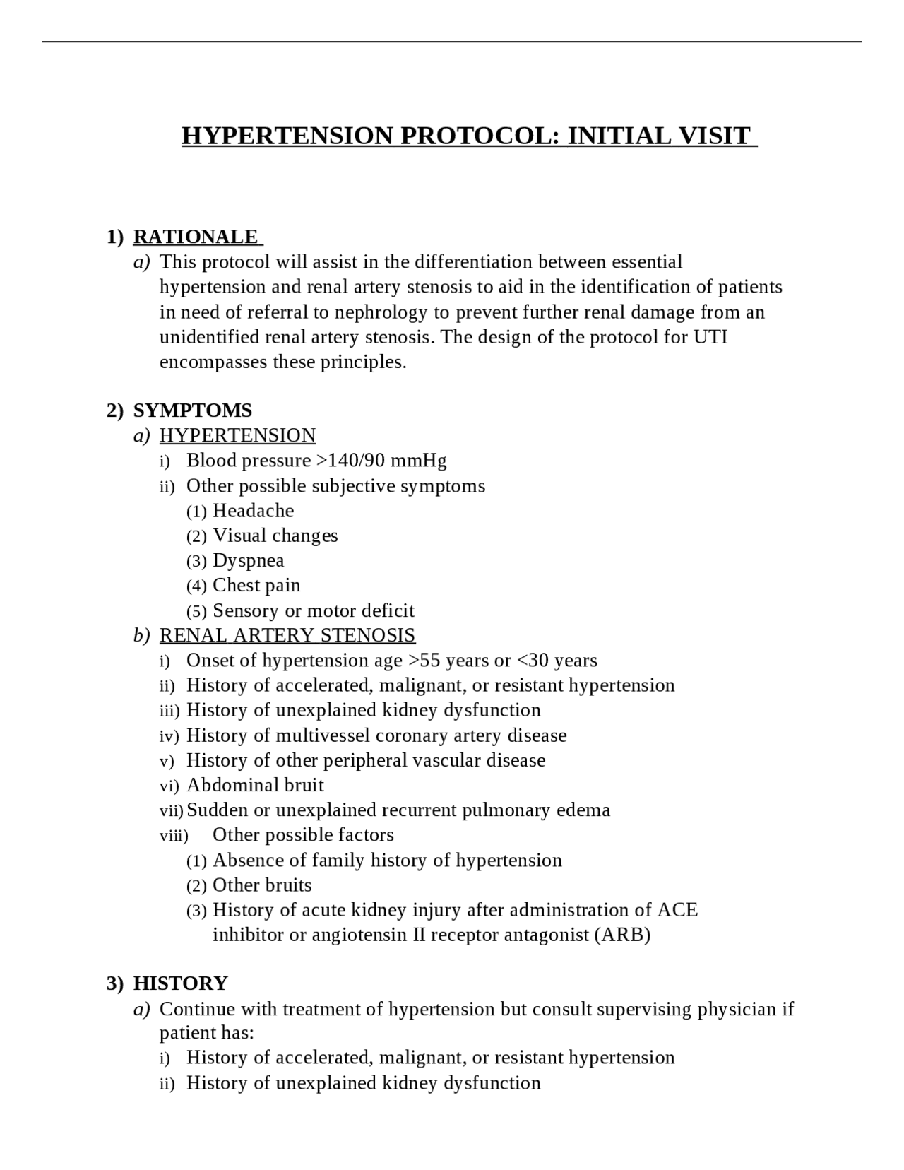 HYPERTENSION PROTOCOL: INITIAL VISIT | Exams Biology | Docsity