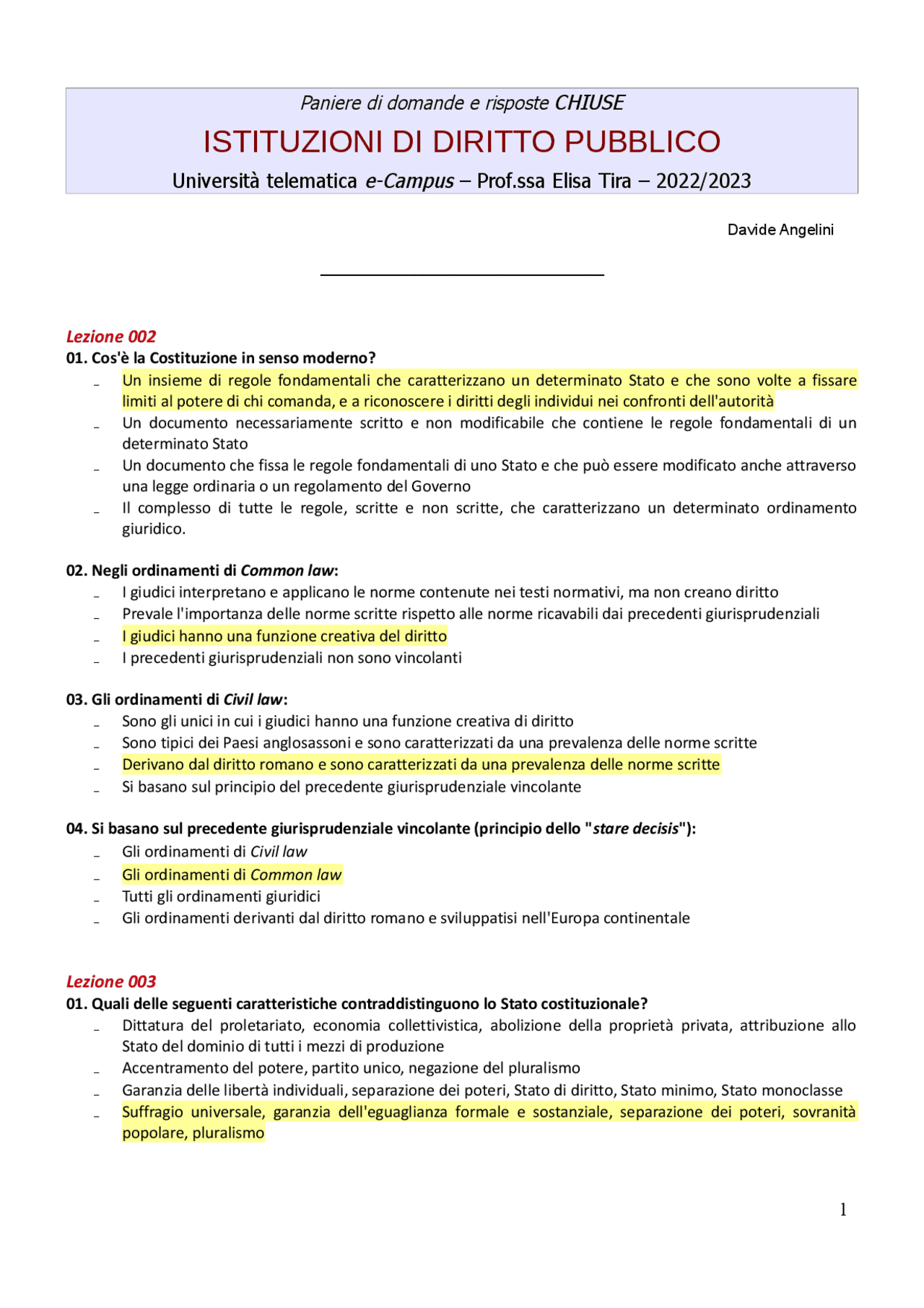 Paniere risposte CHIUSE Istituzioni di Diritto Pubblico - eCampus (Prof ...