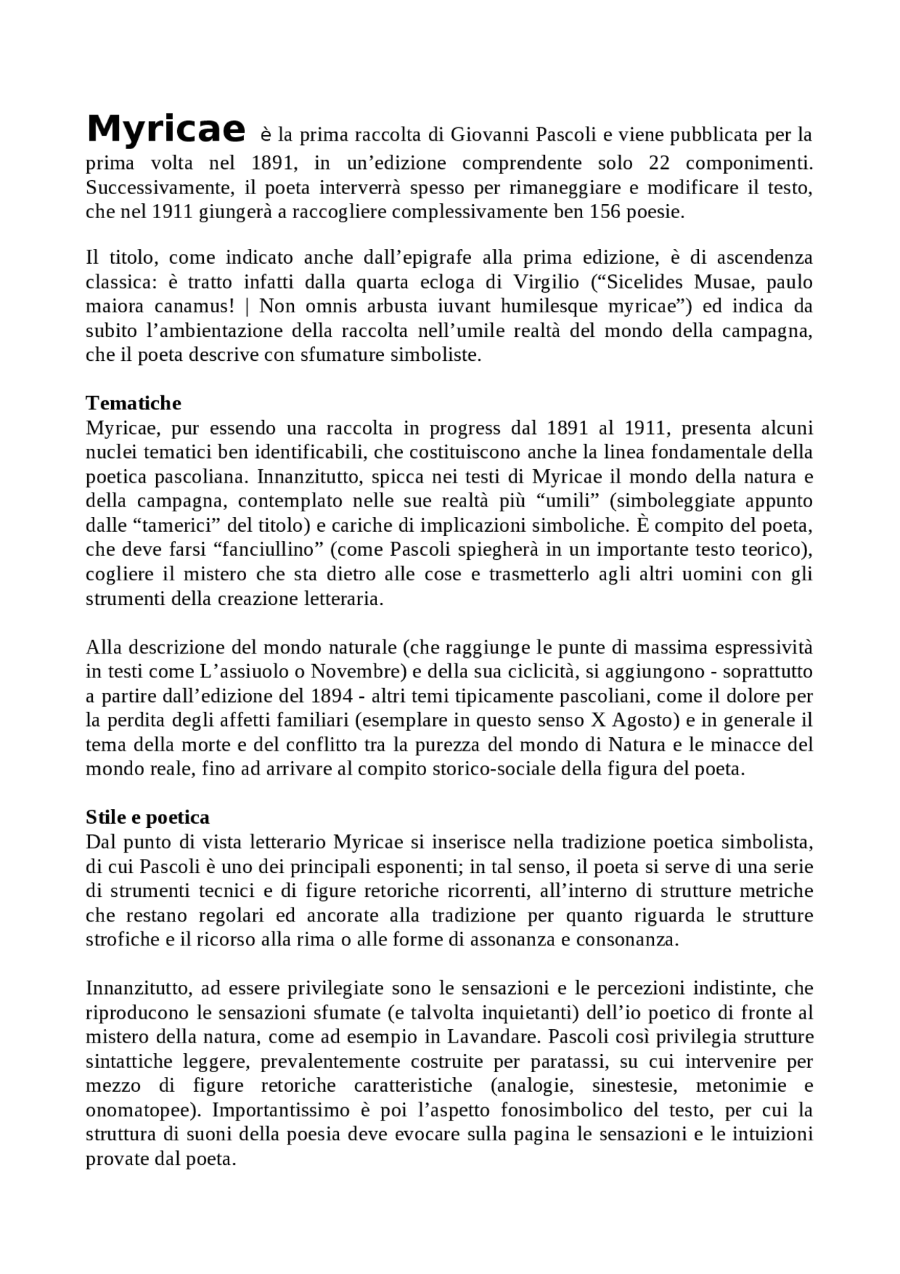 Analisi myricae pascoli | Dispense di Italiano | Docsity