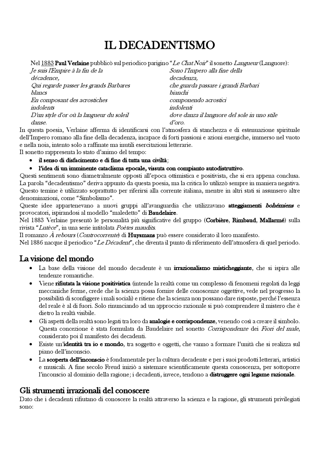 Il Decadentismo Nella Lettaratura Dispense Di Italiano Docsity