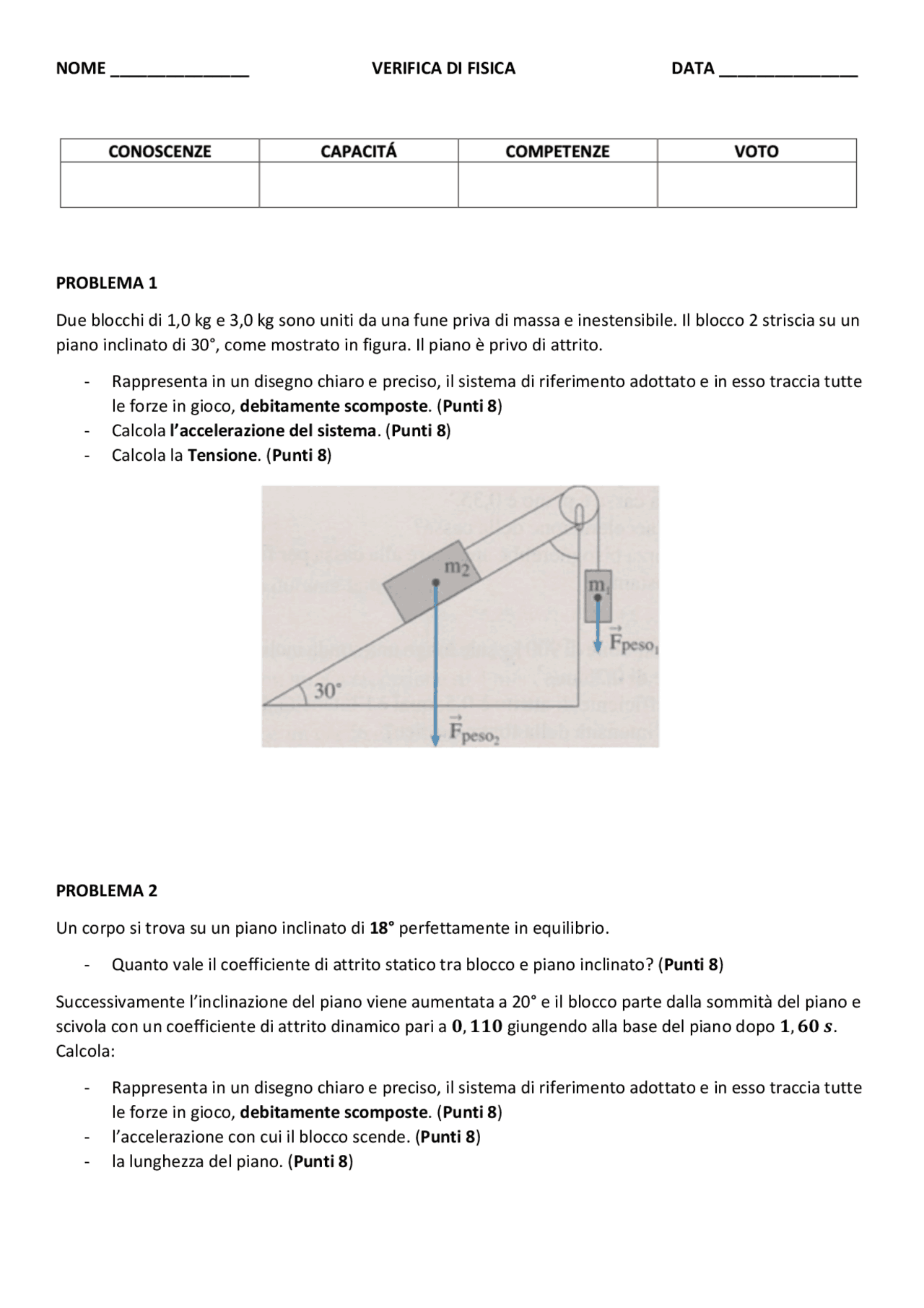 Verifica di fisica sulle applicazioni delle leggi della dinamica | Esercizi di Fisica | Docsity