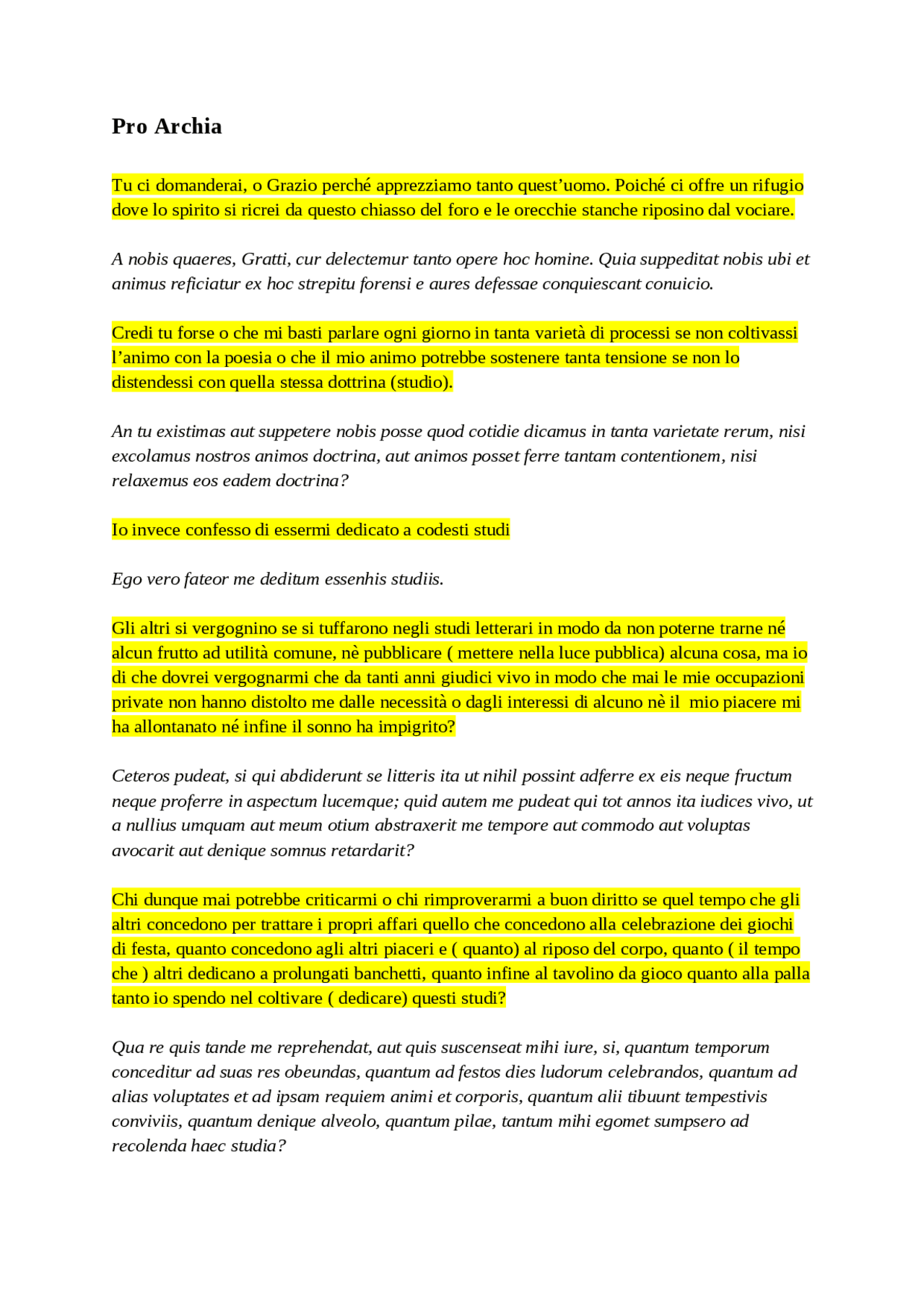 Pro Archia VI di Cicerone | Traduzioni di Latino | Docsity