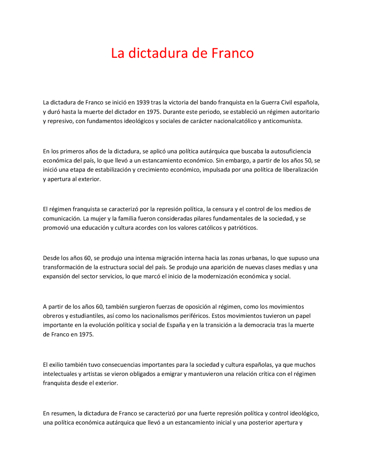 La dictadura de Franco en España | Resúmenes de Historia de España | Docsity