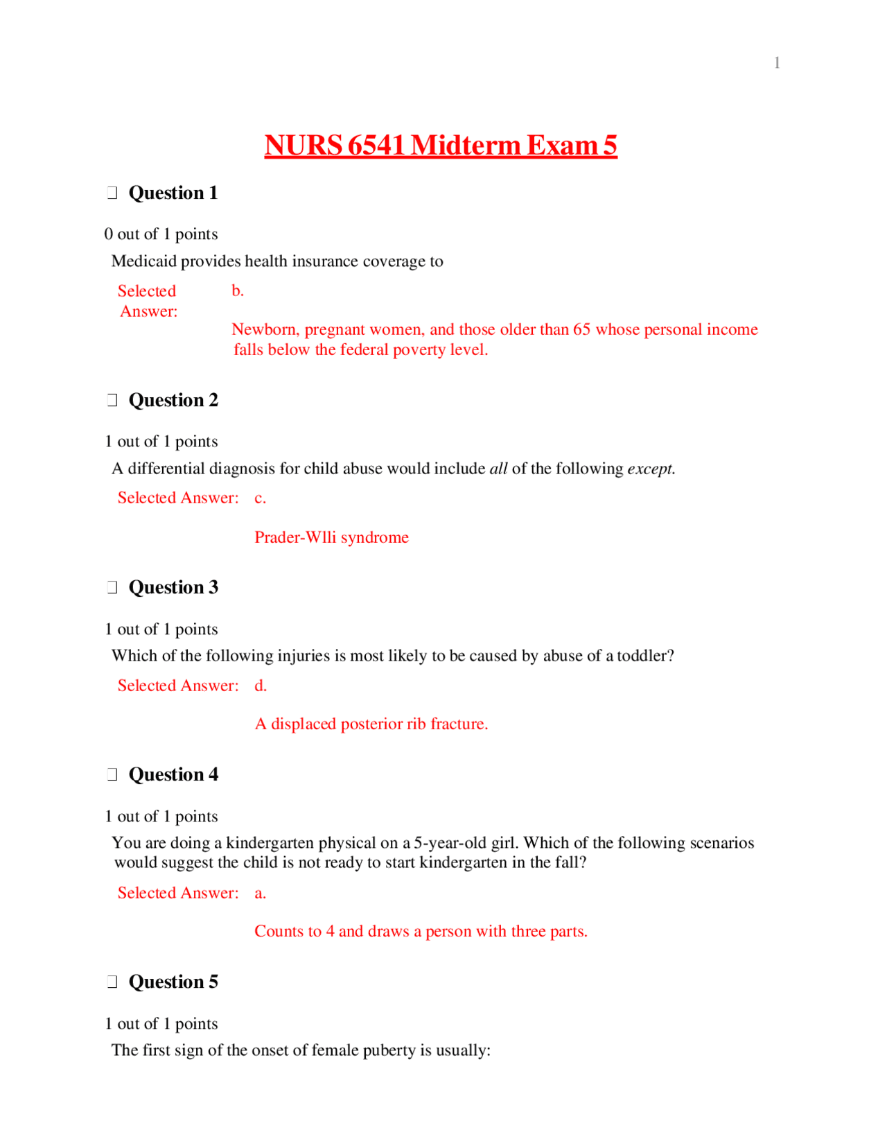 Pediatric Nurse Practitioner Exam Questions | Exams Nursing | Docsity