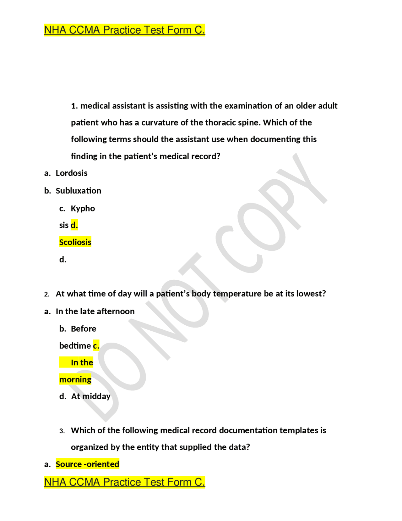 NHA CCMA Practice Test Form C. | Exams Nursing | Docsity