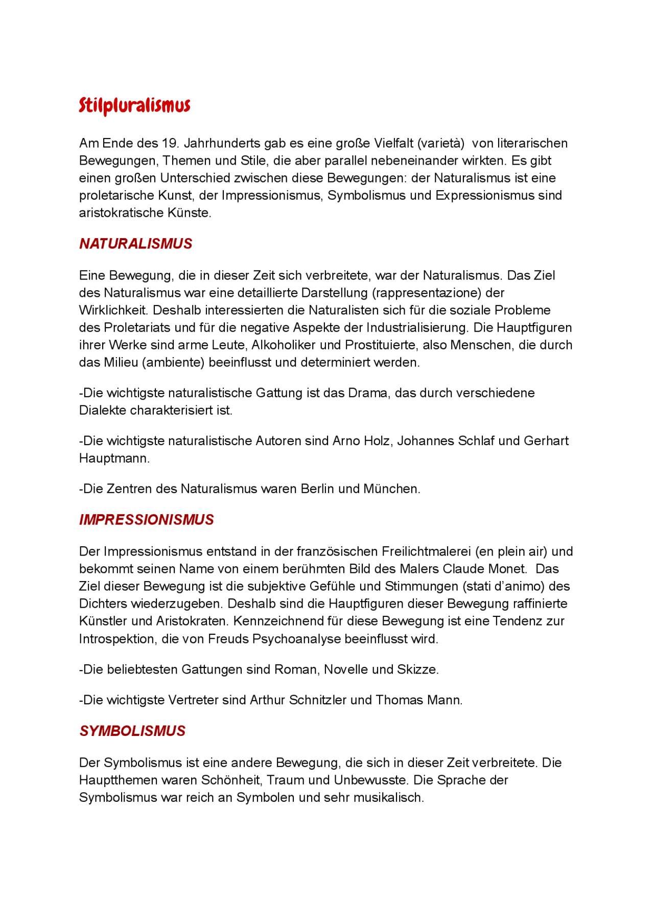 STILPLURALISMUS (Naturalismus, Impressionismus, Symbolismus, Expressionismus) | Appunti di ...