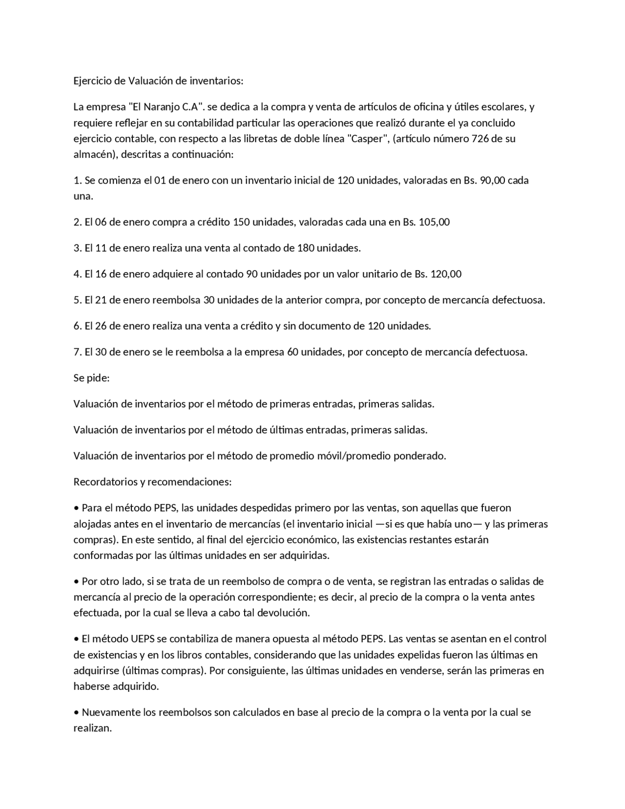 Ejercicio De Valuación De Inventarios Ejercicios De Contabilidad