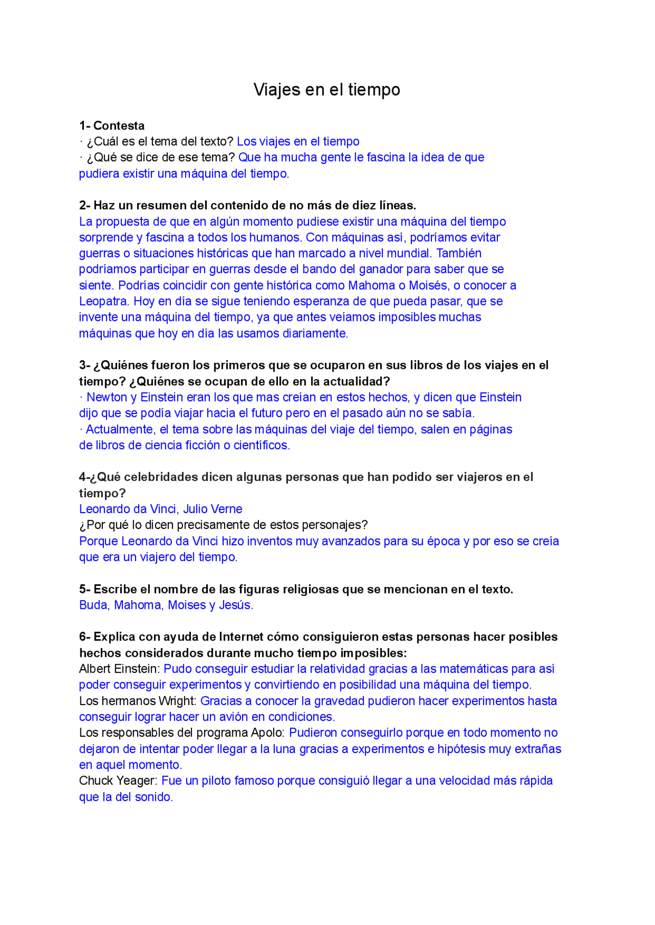 Comprension lectora Viajes en el tiempo | Ejercicios de Lengua y ...