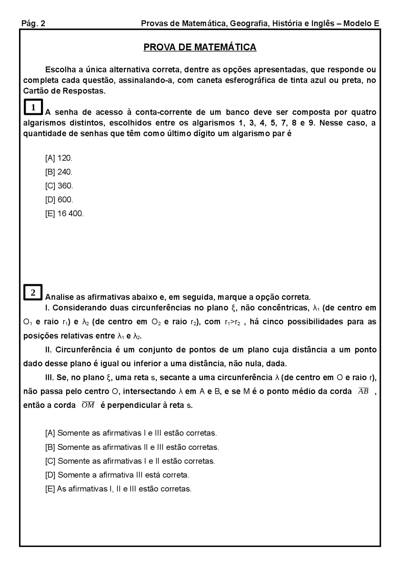 Prova De Exame Para Cadetes Provas Matemática Docsity
