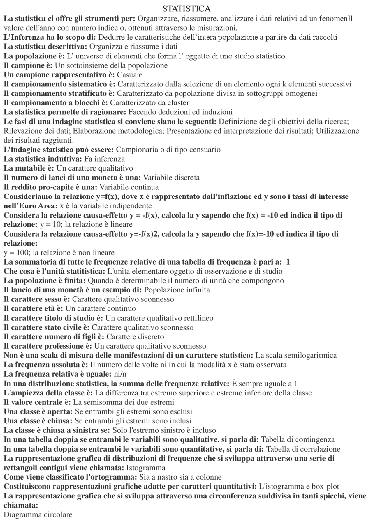 STATISTICA domande esame extra economia PEGASO | Prove d'esame di Statistica | Docsity