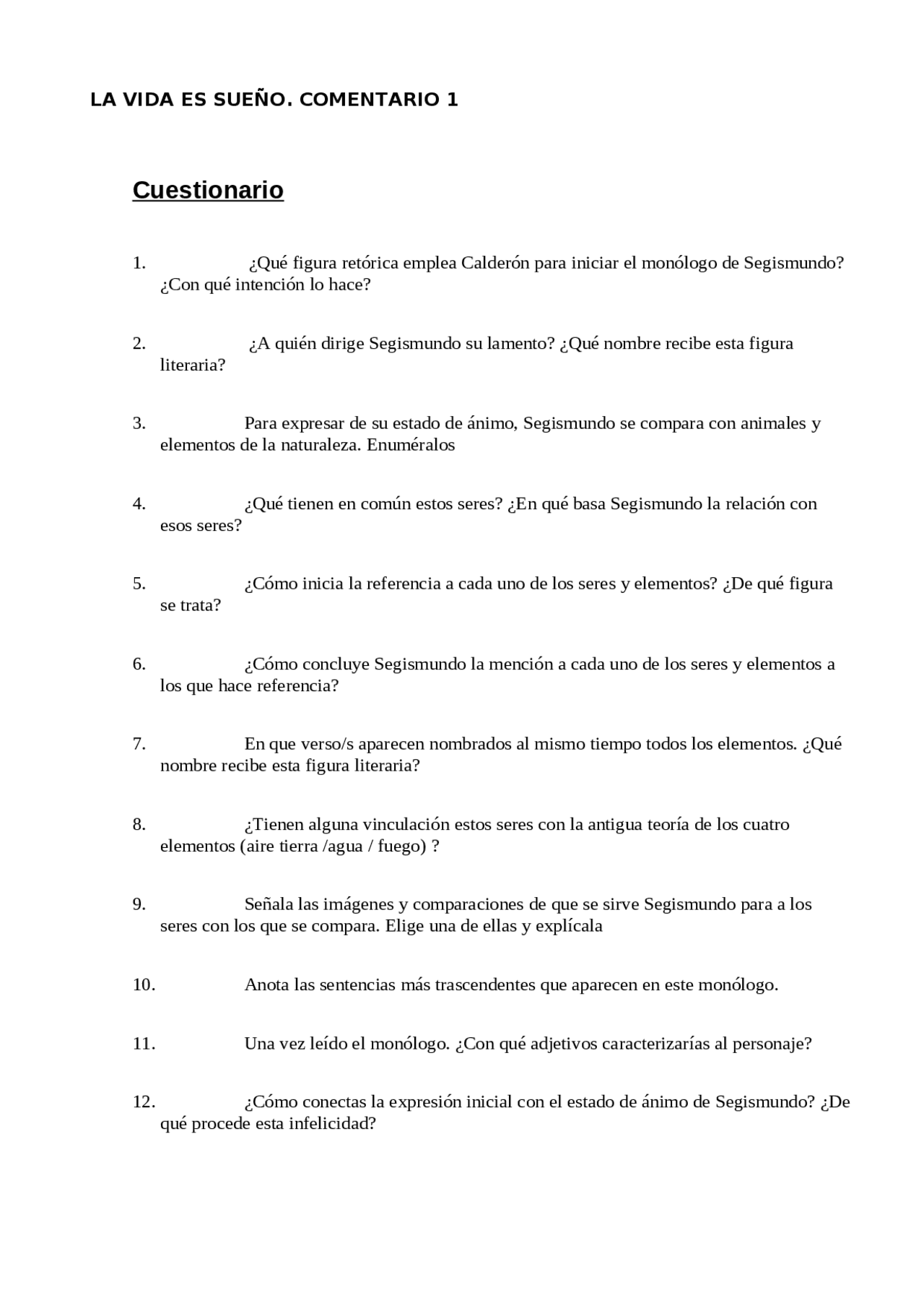 Comprensión lectora Monólogo II de Segismundo en "La vida es sueño ...