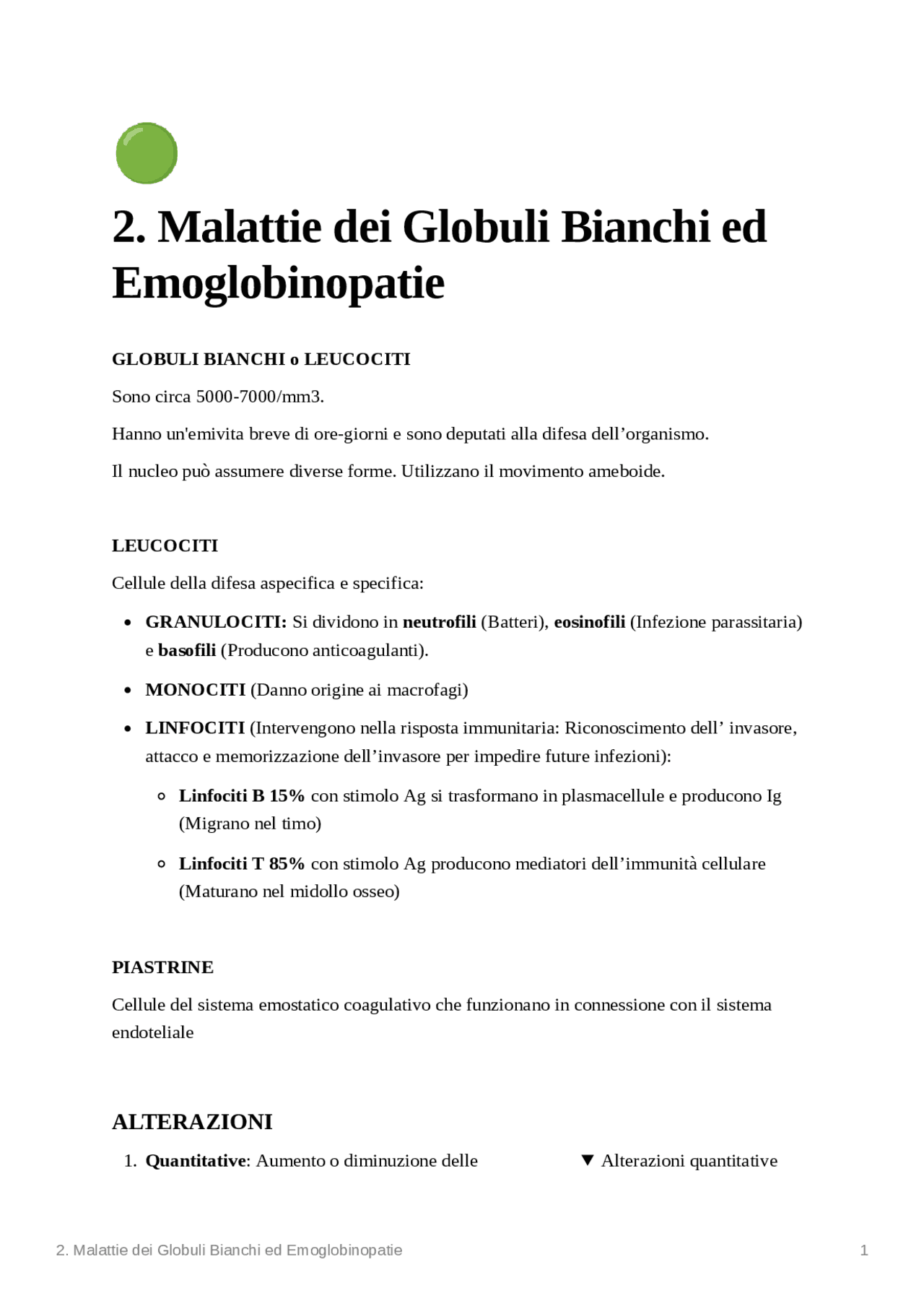 Malattie dei Globuli Bianchi ed Emoglobinopatie | Appunti di Biochimica Medica | Docsity