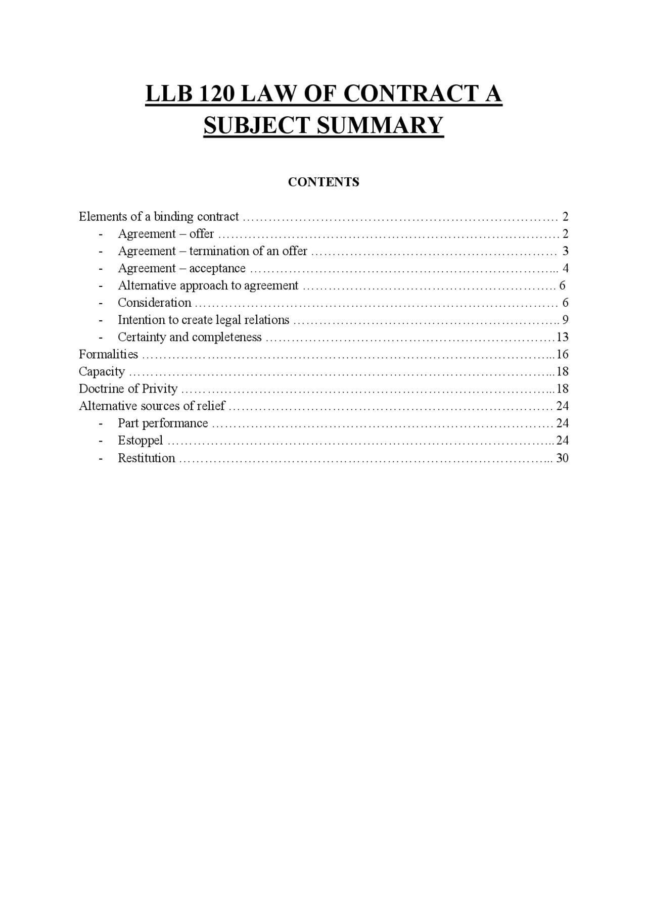 Llb 120 Law Of Contract A Subject Summary Lecture Notes Law Docsity