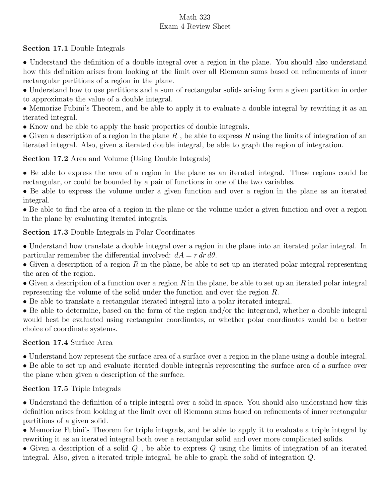 Math 323 Exam 4 Review Sheet | Lecture notes Differential and Integral ...