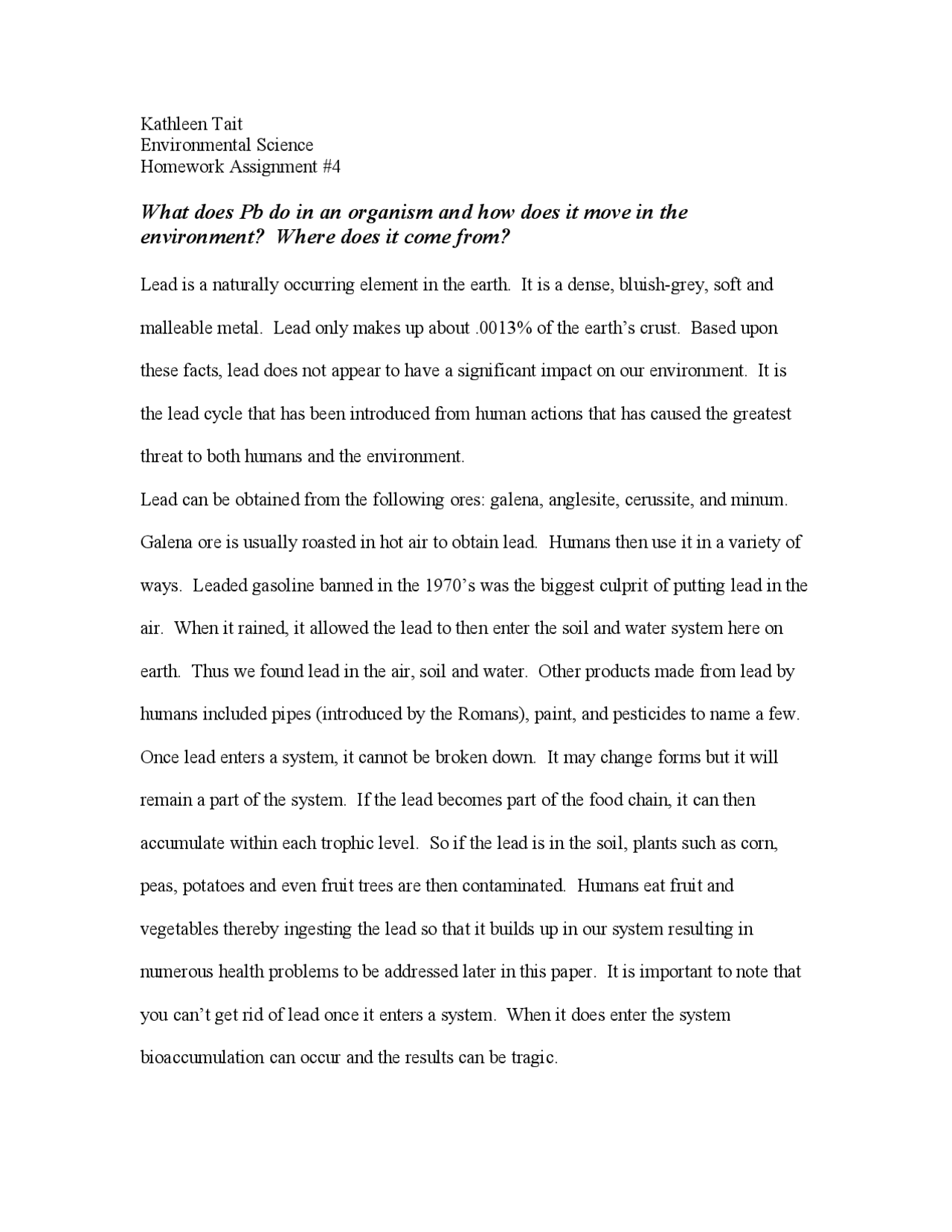 What does Pb do in an organism and how does it move in the ...