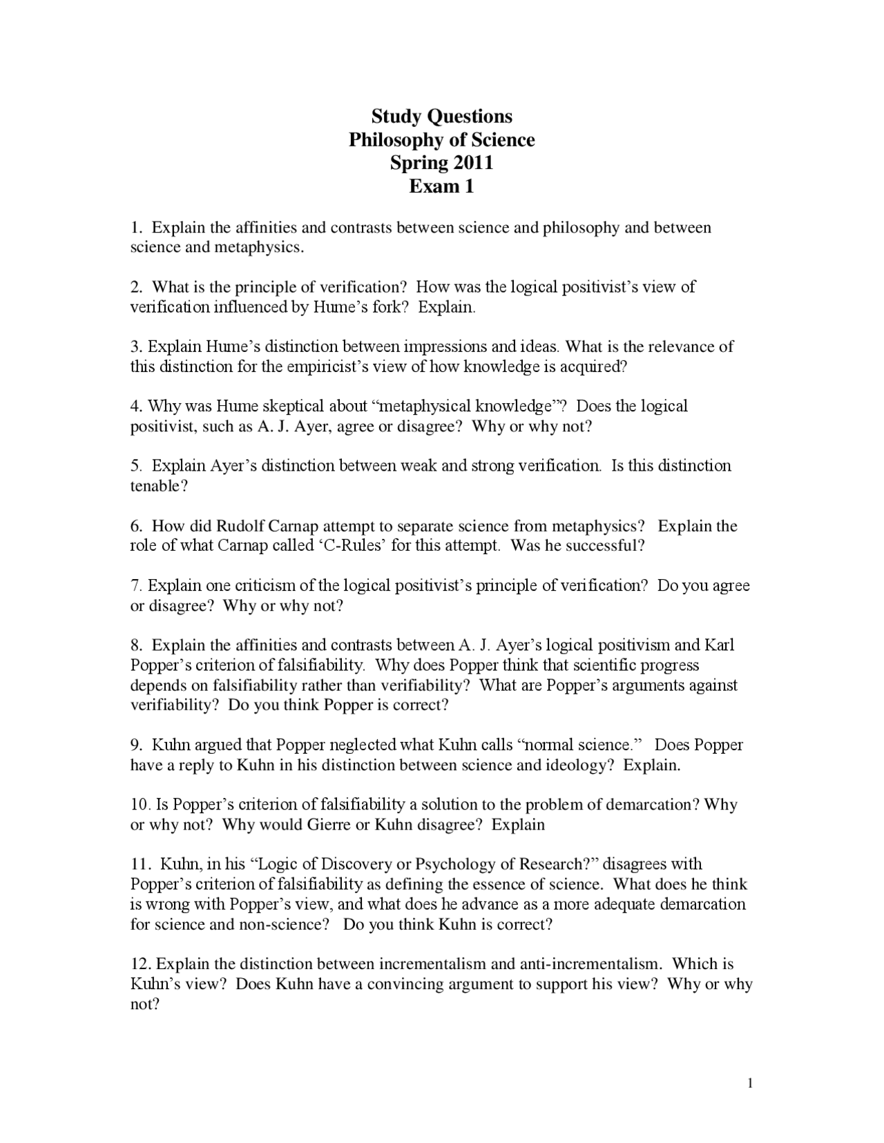 Philosophy of Science Spring 2011 Exam 1 | Exams Philosophy of Science ...