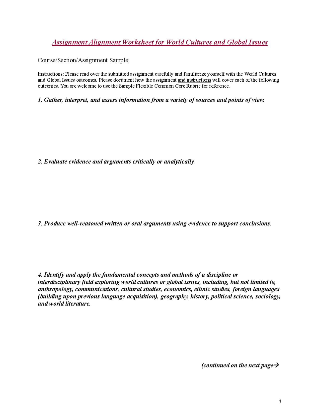 Assignment Alignment Worksheet World Cultures and Global ... | Study ...