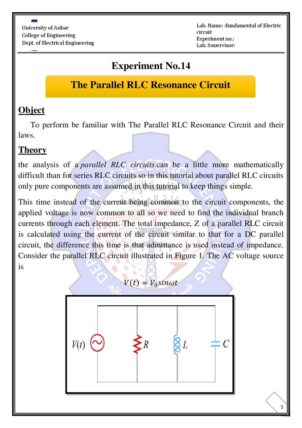 Experiment No14 The Parallel Rlc Resonance Circuit Summaries Circuit
