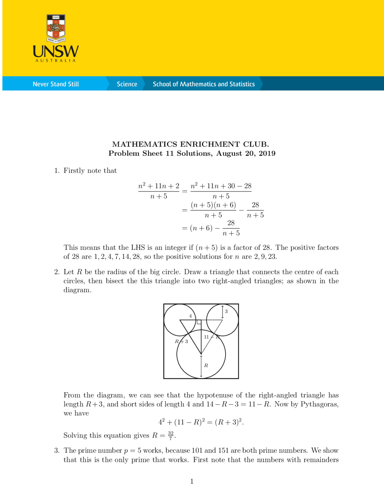 Mathematics Enrichment Club: Problem Sheet 11 Solutions | Exams ...