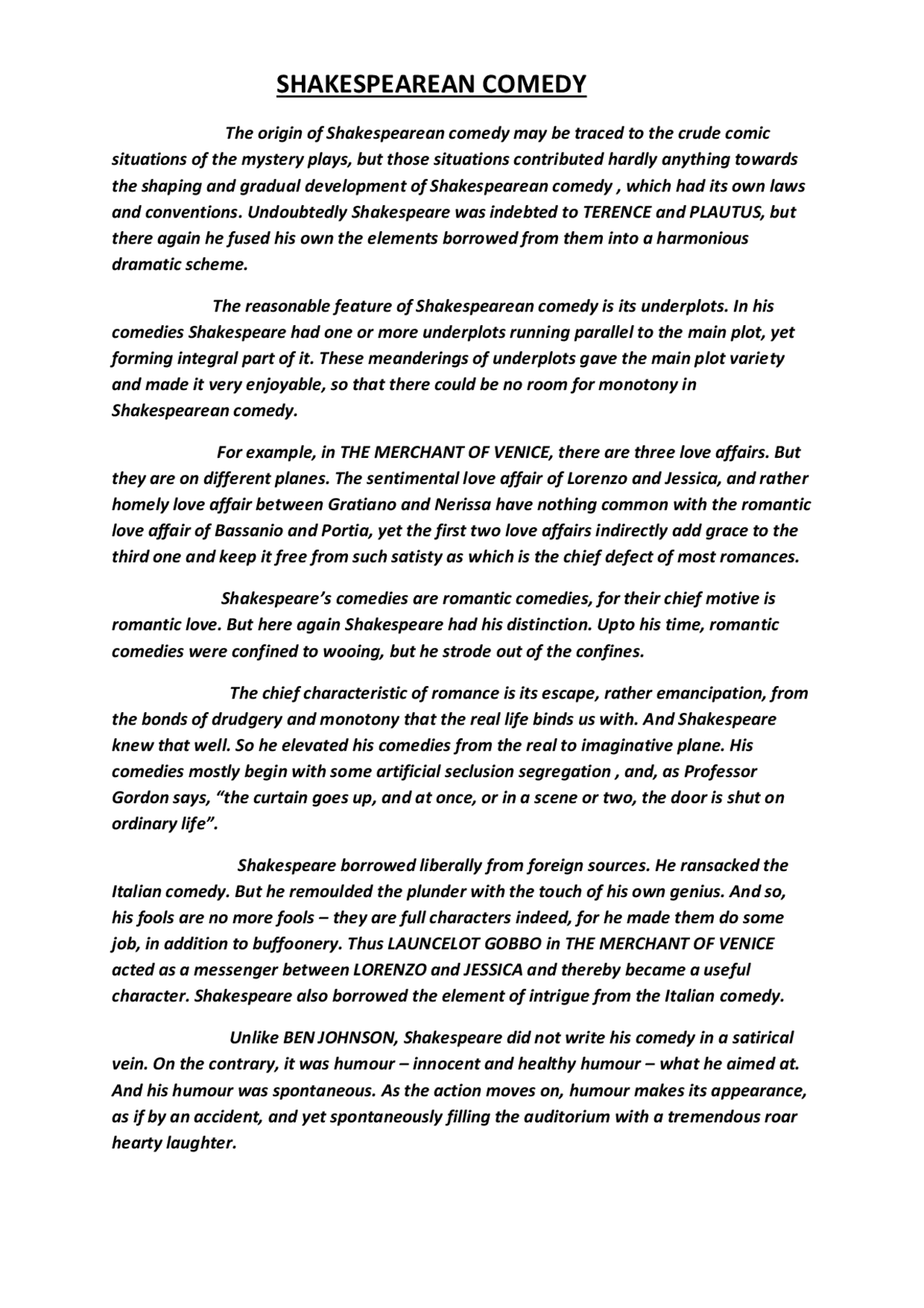 Shakespearean Comedy | Study notes English Literature | Docsity