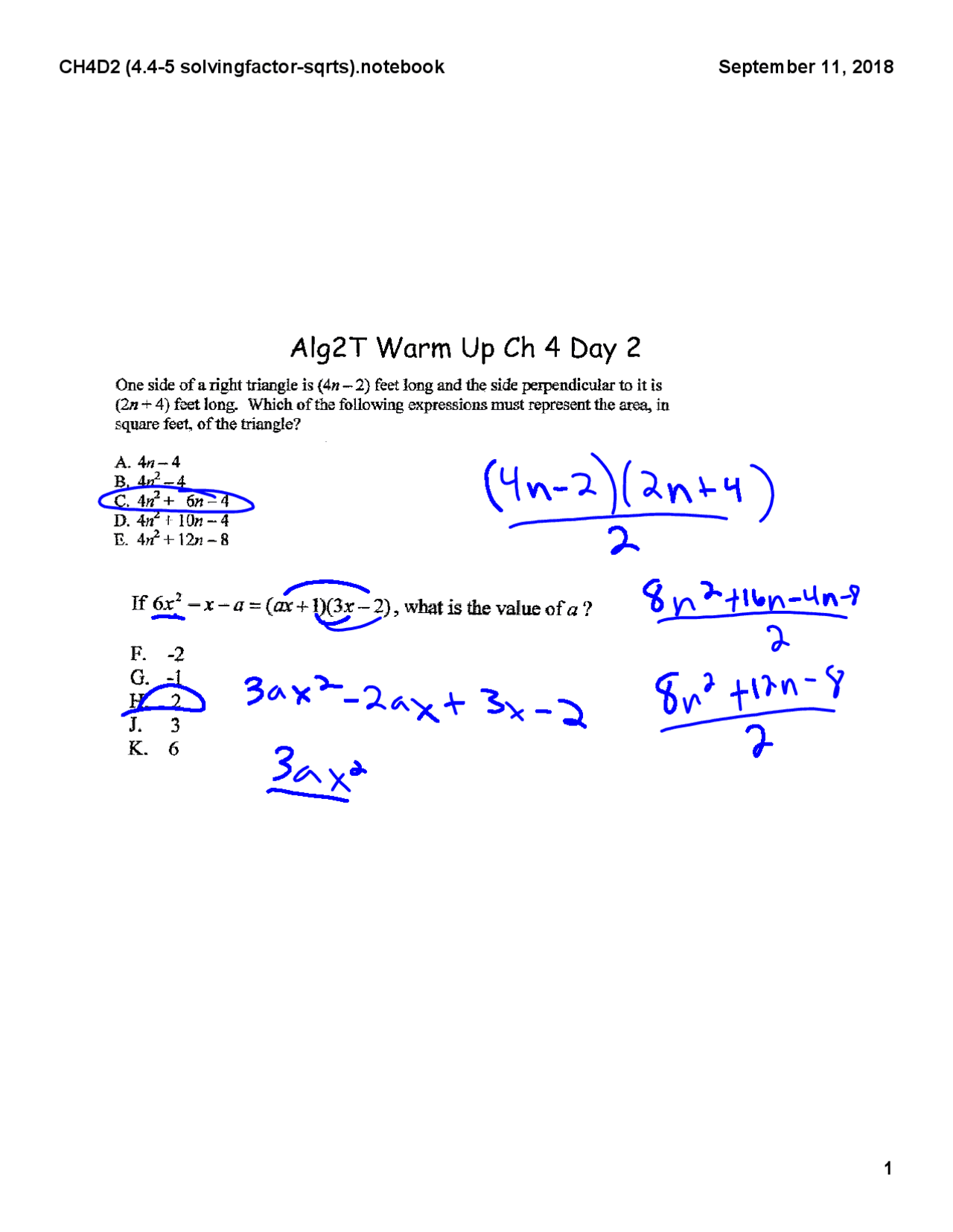 Alg2T Warm Up Ch 4 Day 2 | Exercises Algebra | Docsity