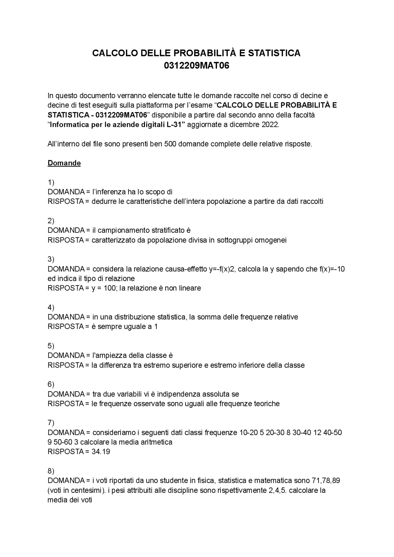 CALCOLO DELLE PROBABILITÀ E STATISTICA - 0312209MAT06 - PANIERE DOMANDE E RISPOSTE | Prove d ...