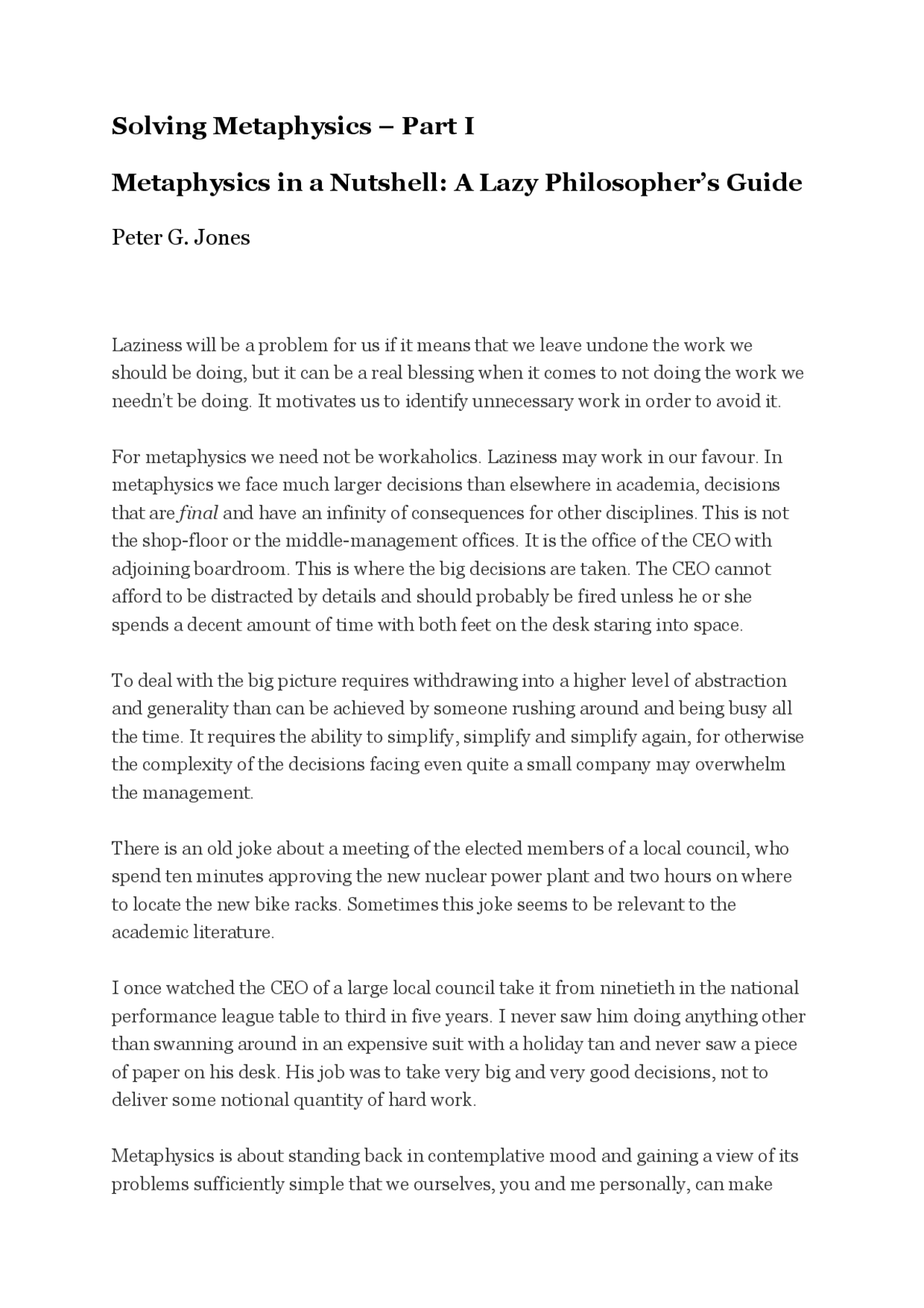 Solving Metaphysics – Part I Metaphysics in a Nutshell: A Lazy ...