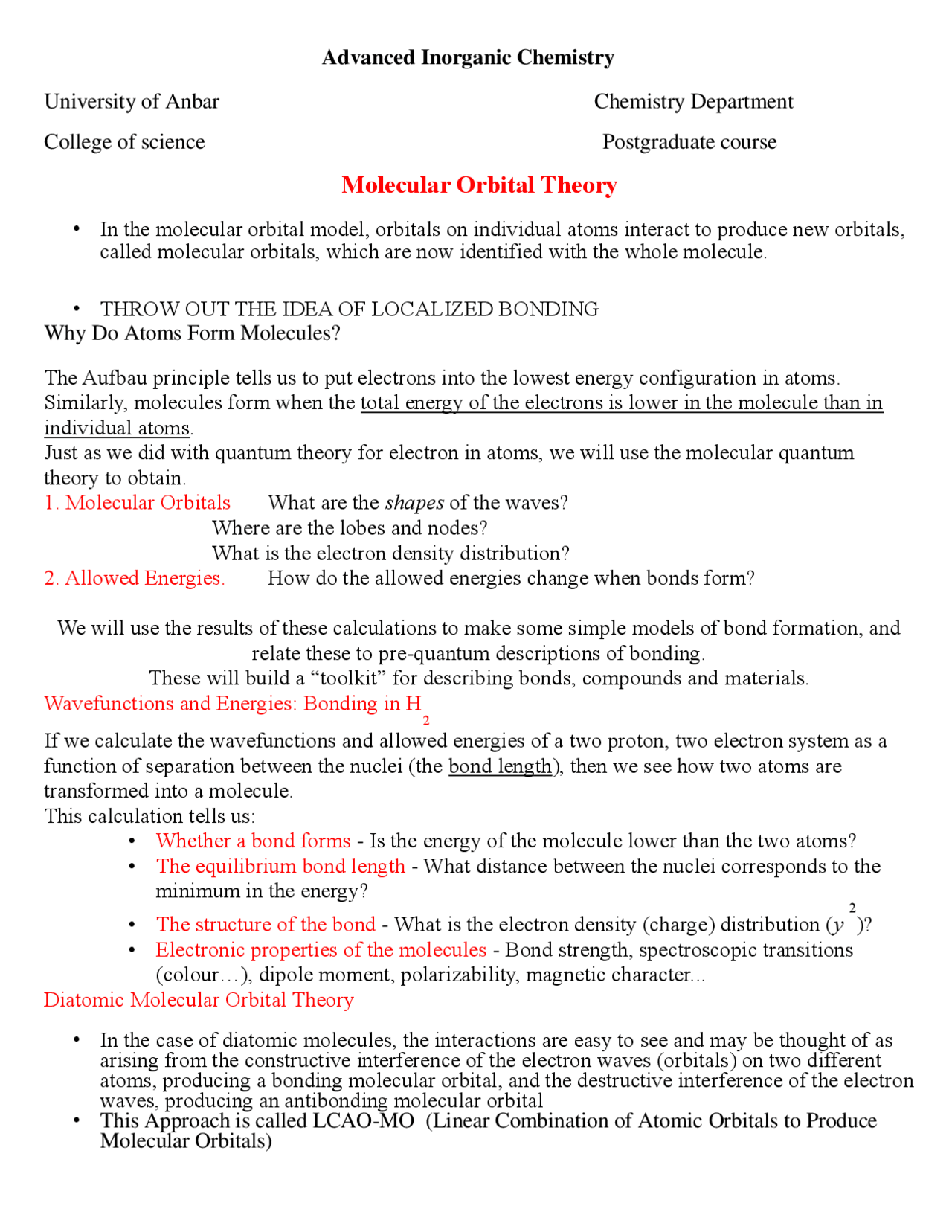 Molecular Orbital Theory in Inorganic Chemistry | Exercises Chemistry ...