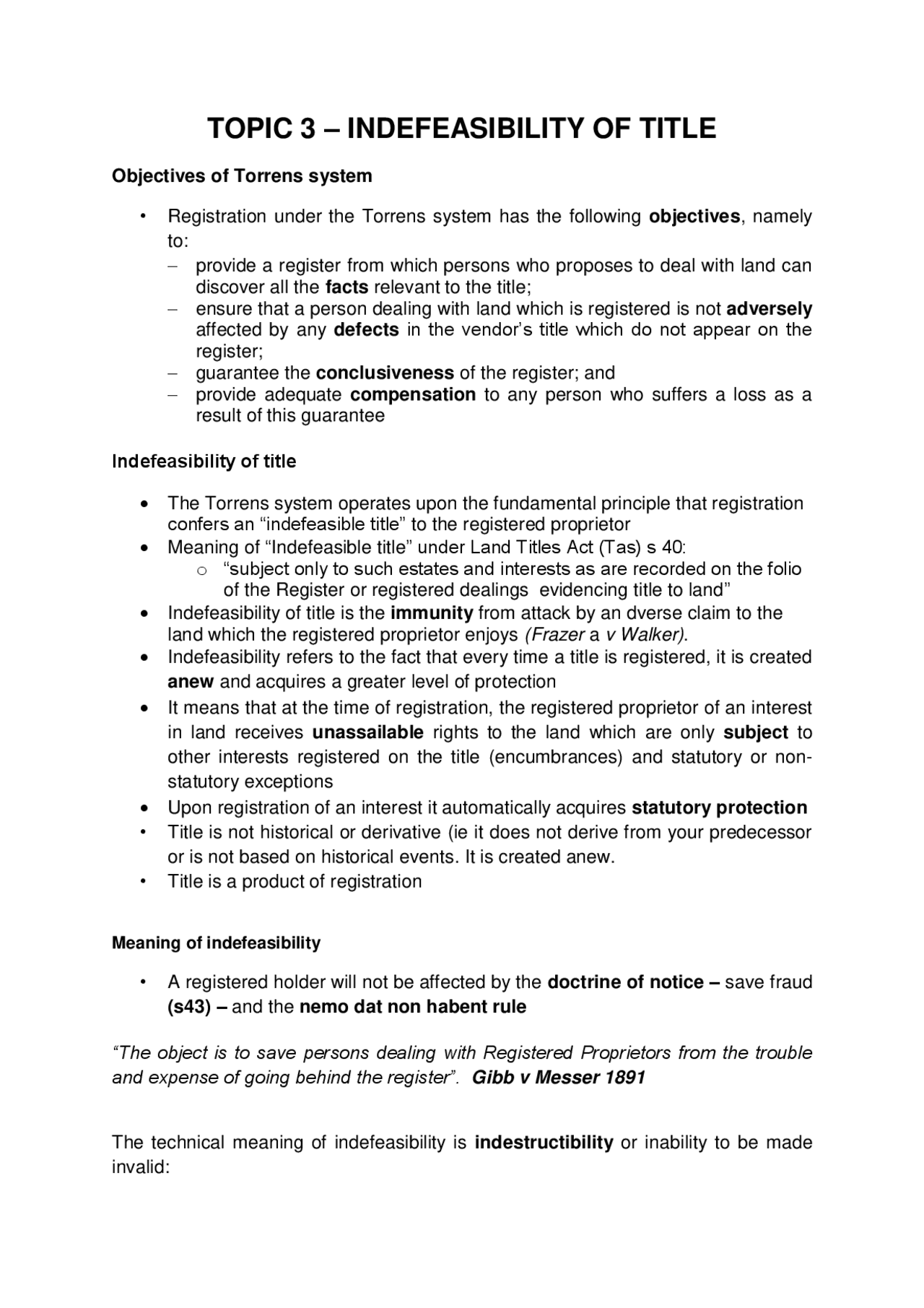 Indefeasibility of Title under the Torrens System | Summaries Law | Docsity