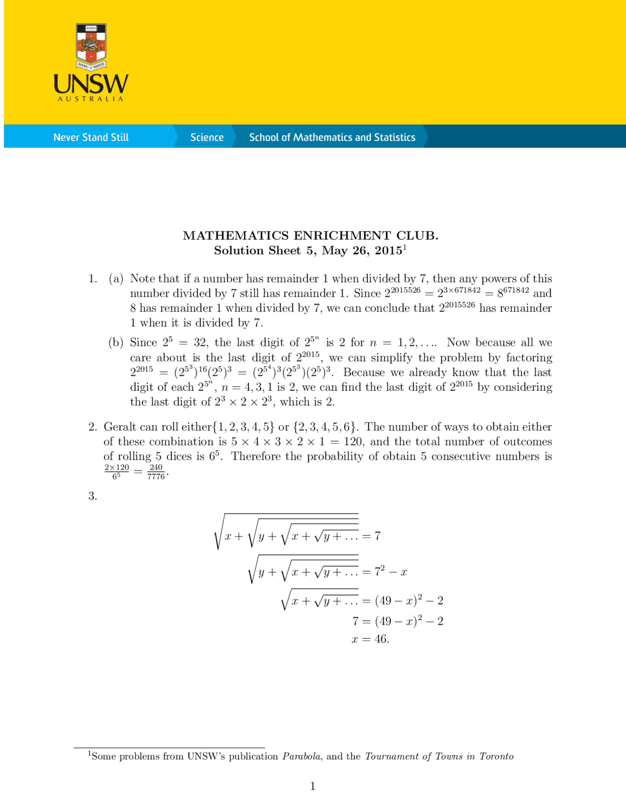 Mathematics Enrichment Club Solution Sheet 5 Slides Mathematics Docsity