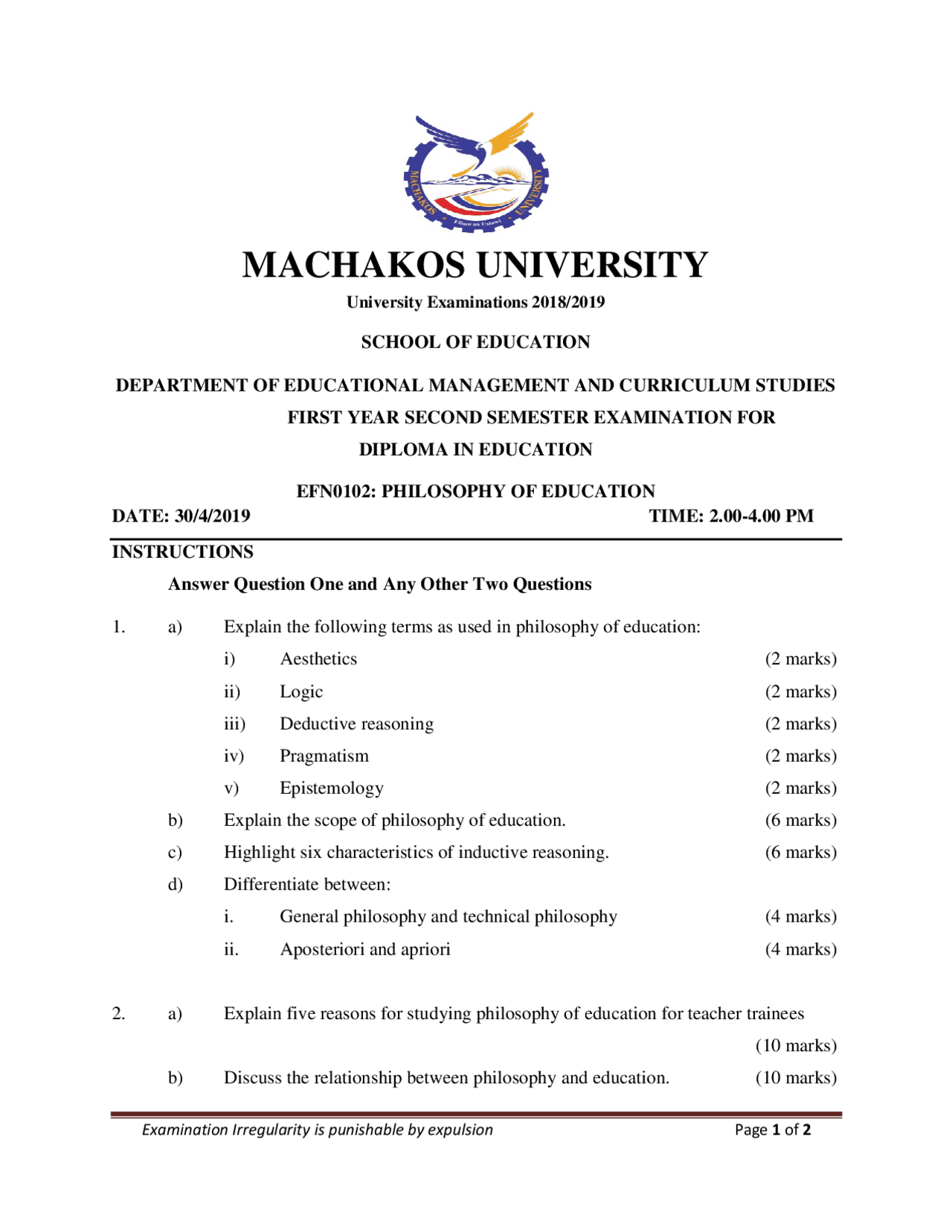 Examination Irregularity and Philosophy of Education Exam Questions ...