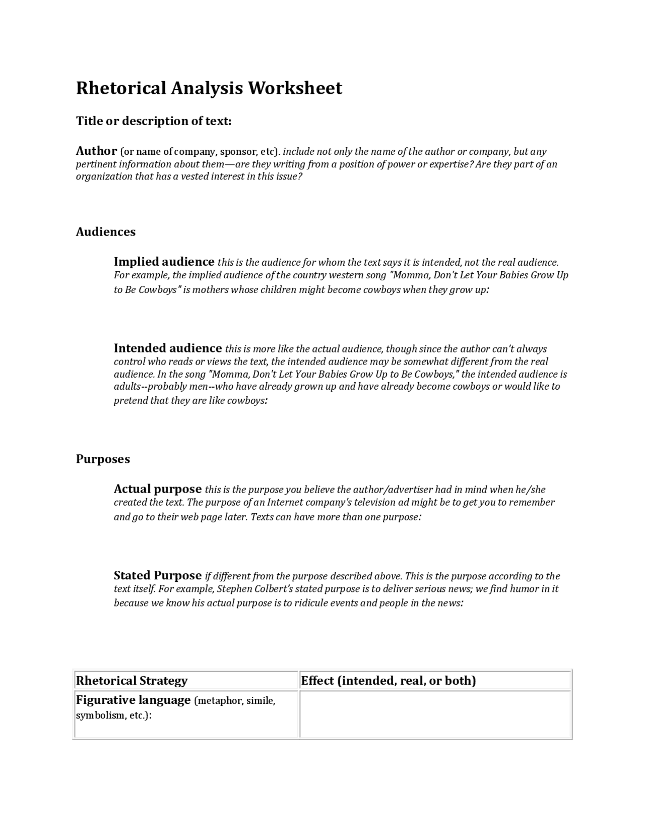 Rhetorical Analysis Worksheet | Exercises Literature | Docsity