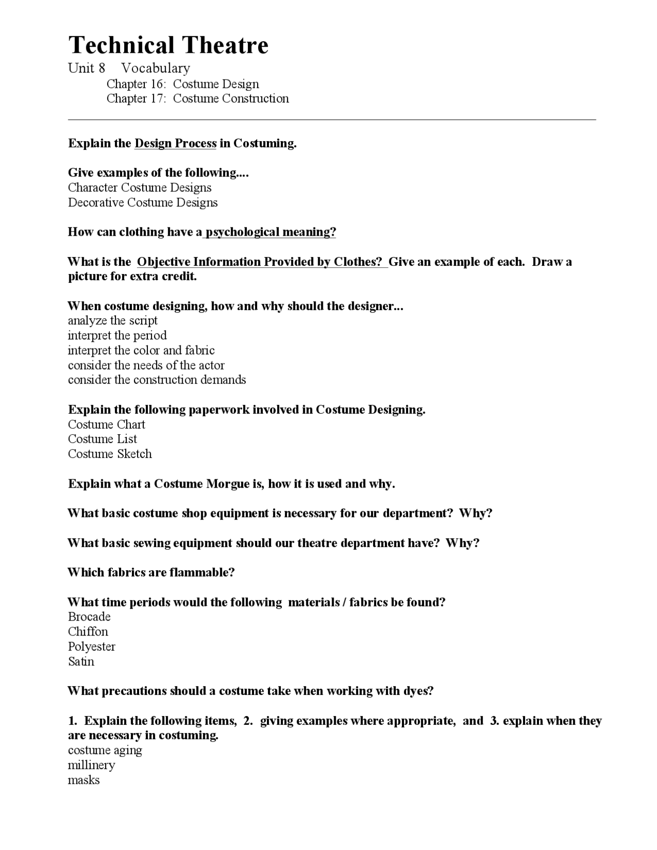 Costume Design and Construction Vocabulary | Exercises Theatre | Docsity