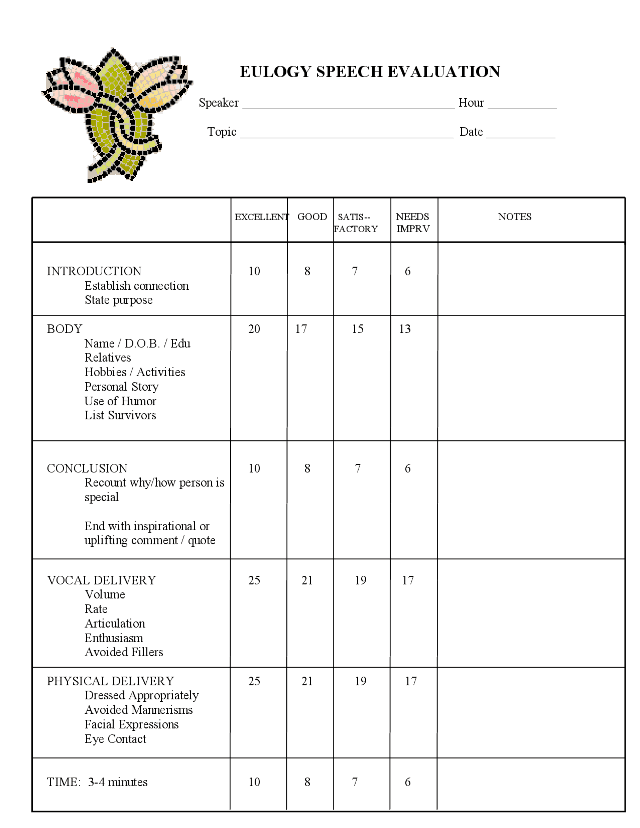 Eulogy Speech Evaluation Lecture Notes Life Sciences Docsity