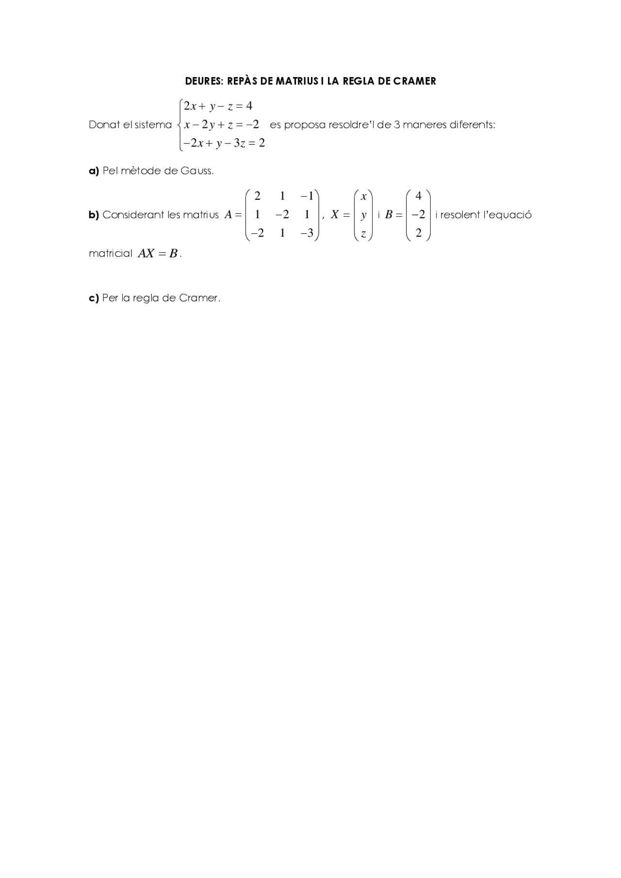 Exercicis regla de Cramer | Ejercicios de Matemáticas | Docsity