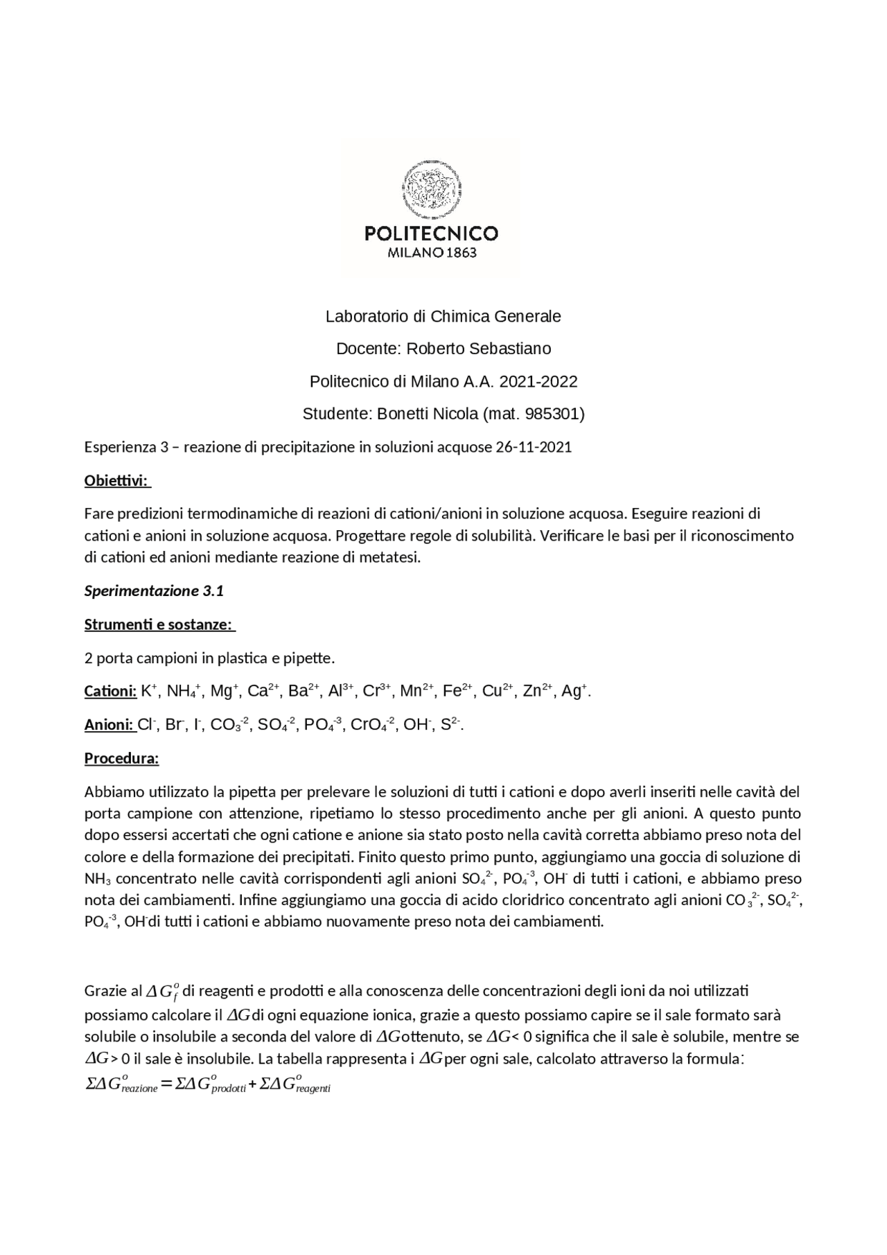 Relazione di laboratorio | Formulari di Chimica | Docsity