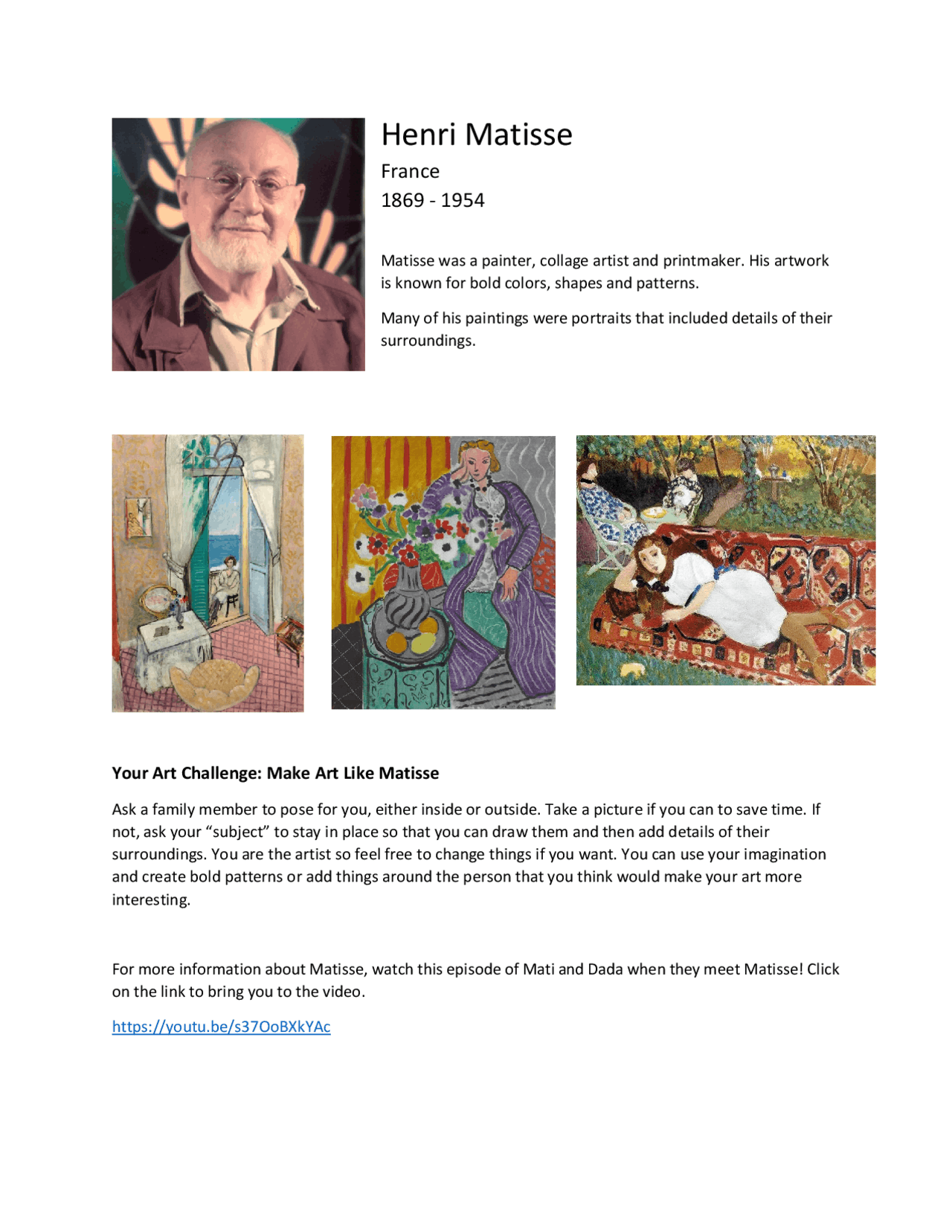 Henri Matisse: Art Challenge | Study notes Art | Docsity