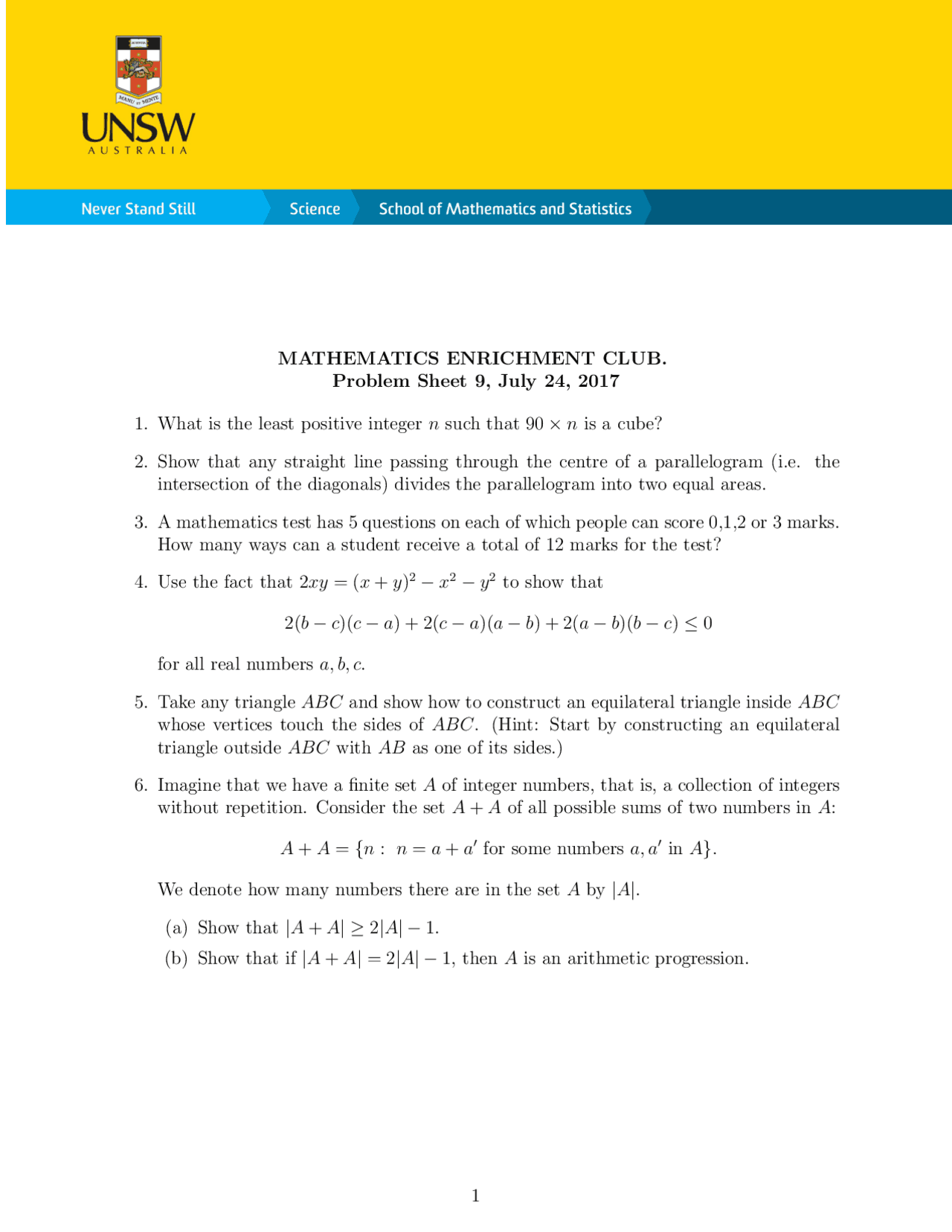 Mathematics Enrichment Club Problem Sheet 9 Exams Mathematics Docsity