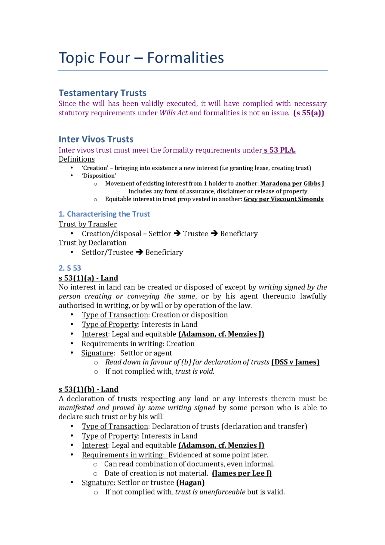 Topic Four Formalities Testamentary Trusts Exercises Law Docsity