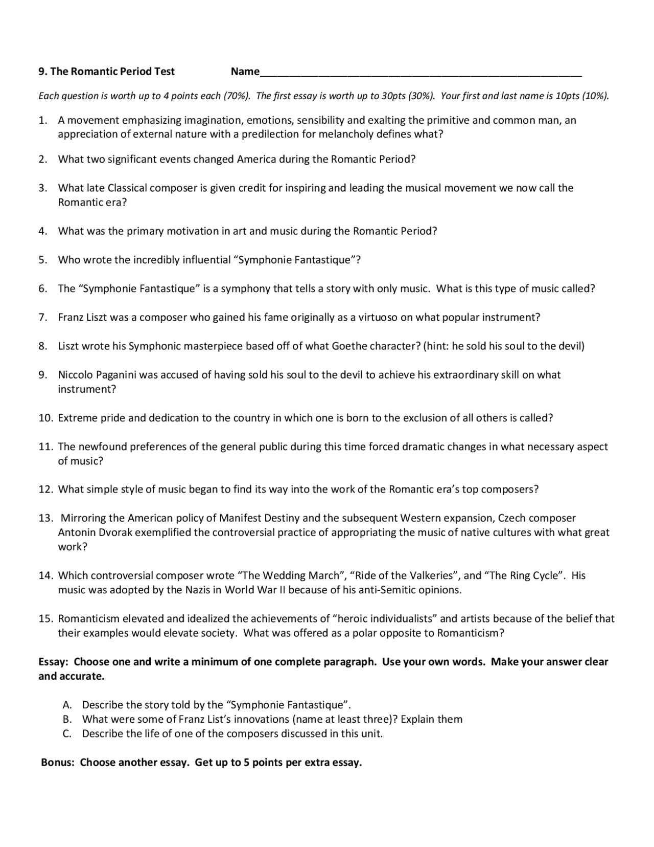 The Romantic Period Test | Exercises Literature | Docsity