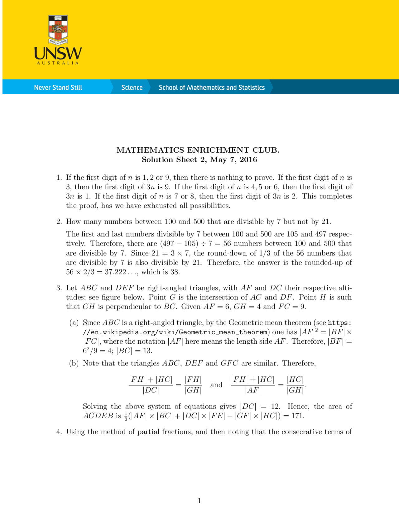 Mathematics Enrichment Club Solutions | Slides Mathematics | Docsity