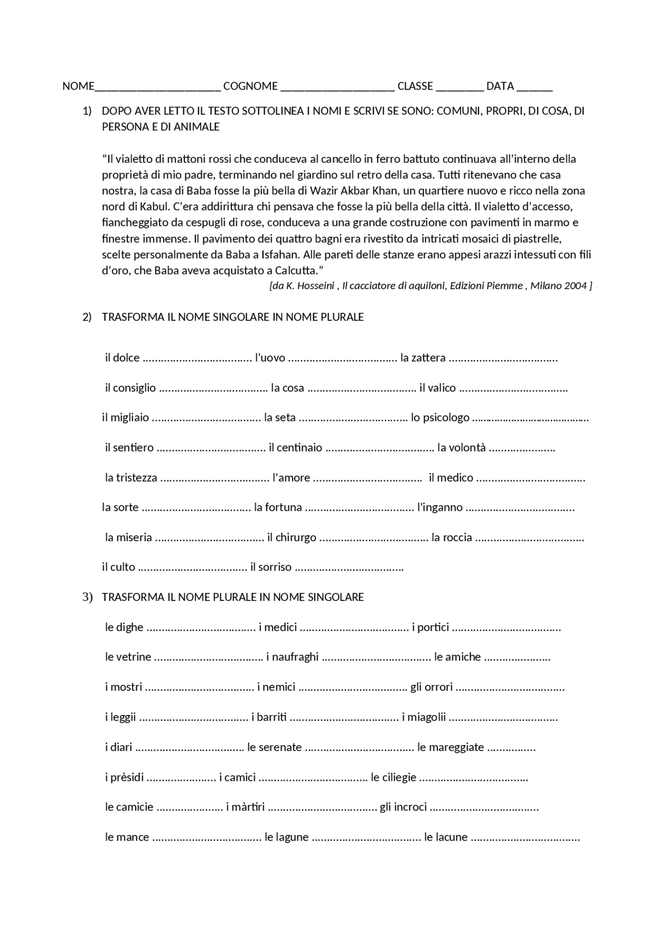 Verifica di italiano sul nome - semplificata | Esercizi di Italiano ...