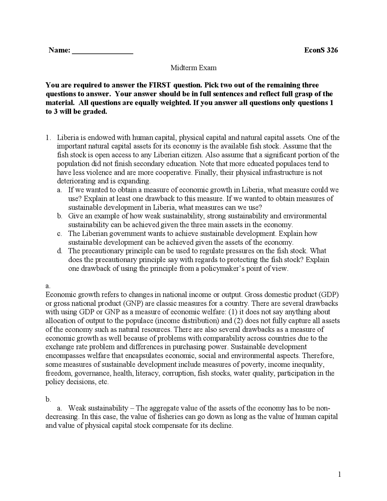 Econs 326 Midterm Exam Lecture Notes Sustainable Development Docsity