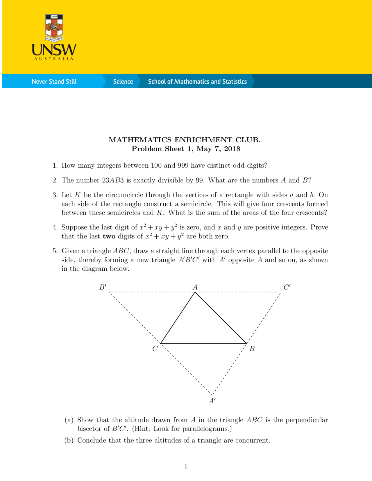 Mathematics Enrichment Club Problem Sheet 1 Lecture Notes Mathematics